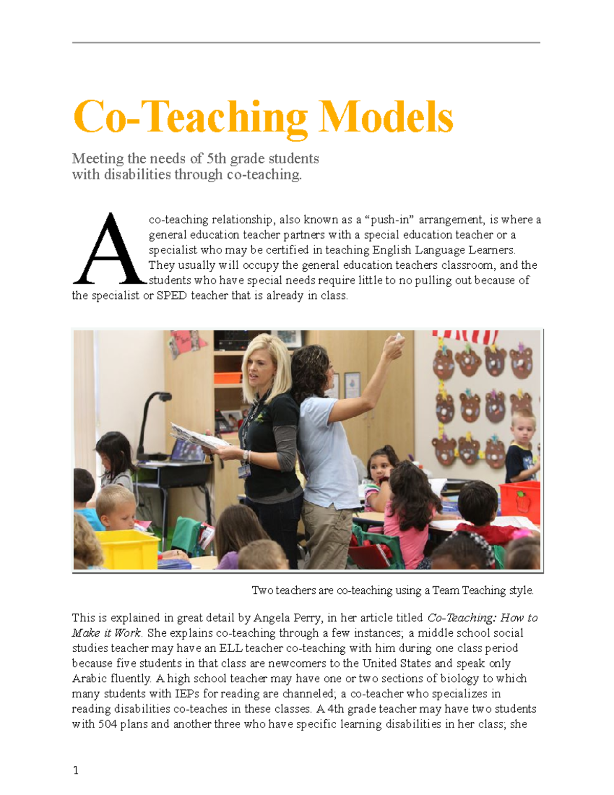 Co-Teaching Models for 5th Grade Students with Disabilities Handout ...