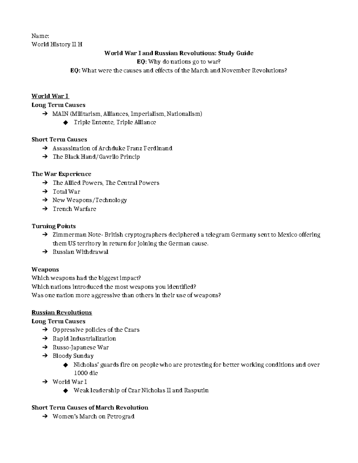 World History II H: WWI and Russian Revolutions Study Guide - Name ...