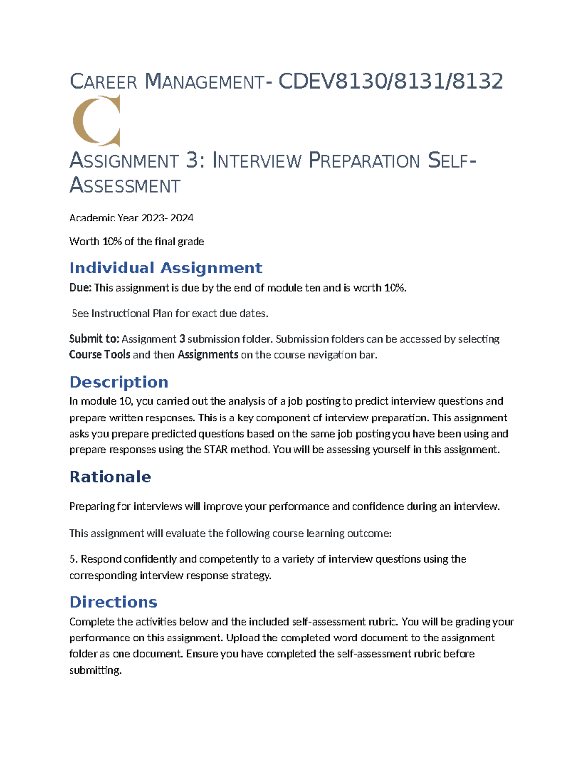 CDEV8130 Career Management Assignment 3 My Interview Preparation Self ...