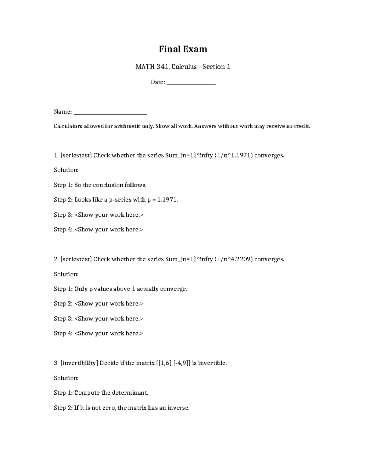 Final Exam Solutions for MATH 341, Calculus Section 1 - Studocu