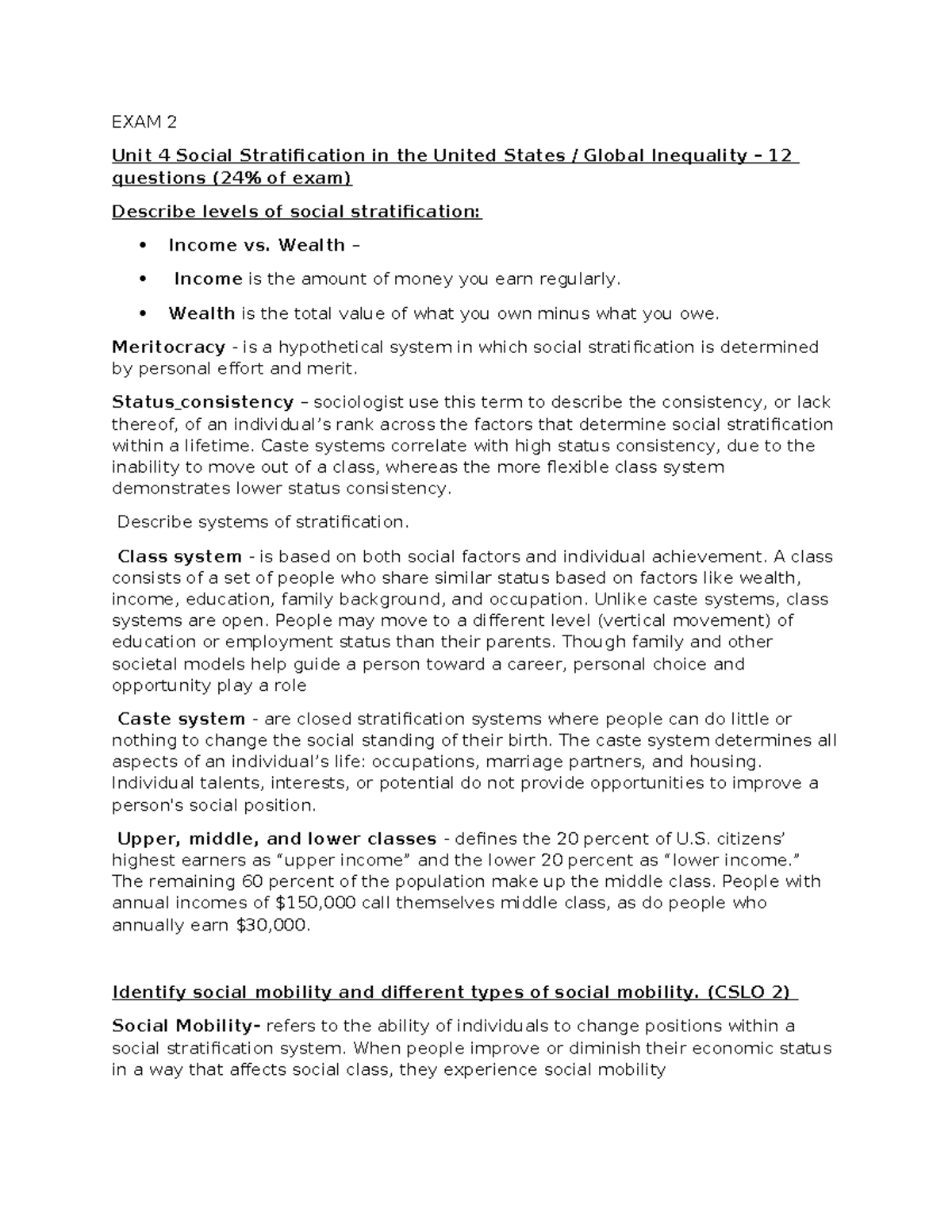 EXAM 2 Study Guide - EXAM 2 Unit 4 Social Stratification in the United ...