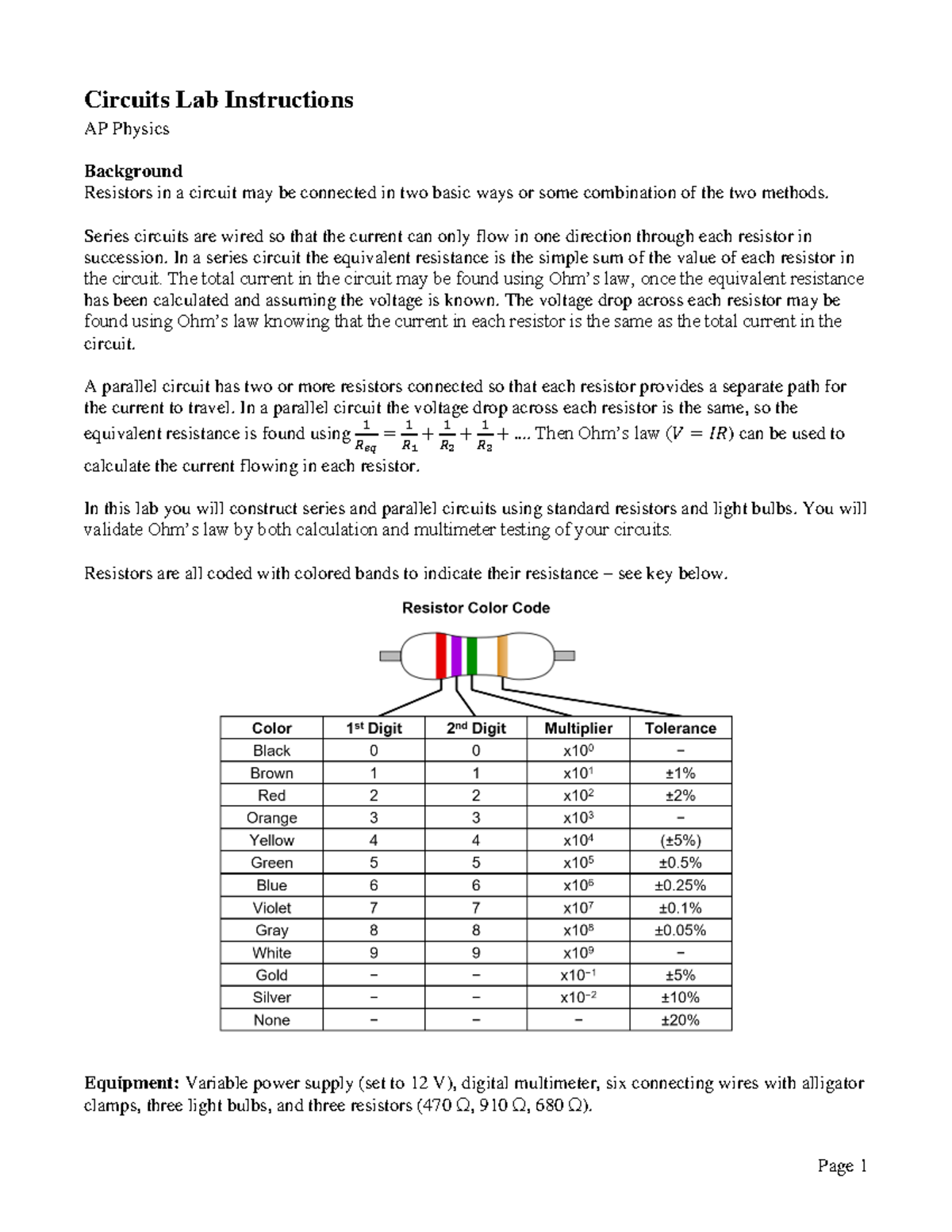 AP Physics Circuits Lab Instructions: Series & Parallel Resistors - Studocu