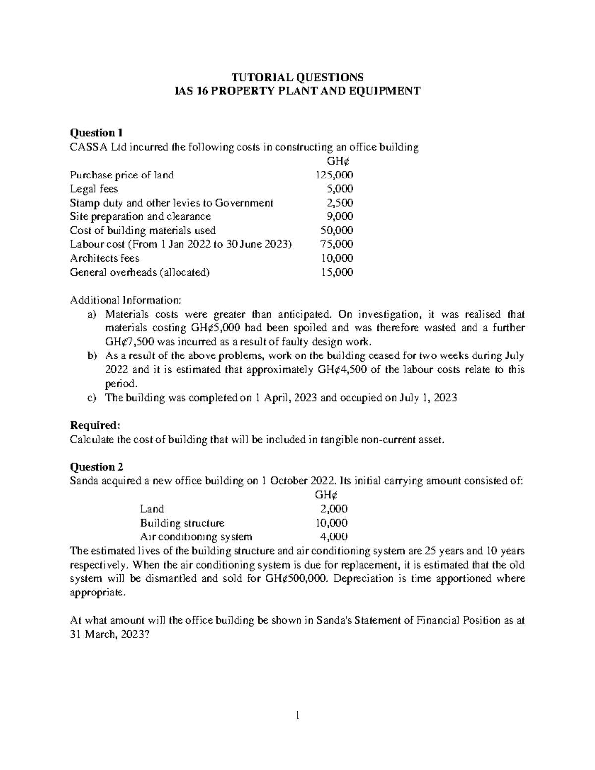 Revised Title: IAS16 Tutorial Questions: Property, Plant, and Equipment ...
