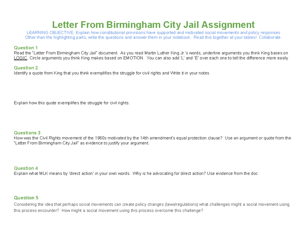 Letter From Birmingham City Jail: Understanding Social Movements (ASSGN ...