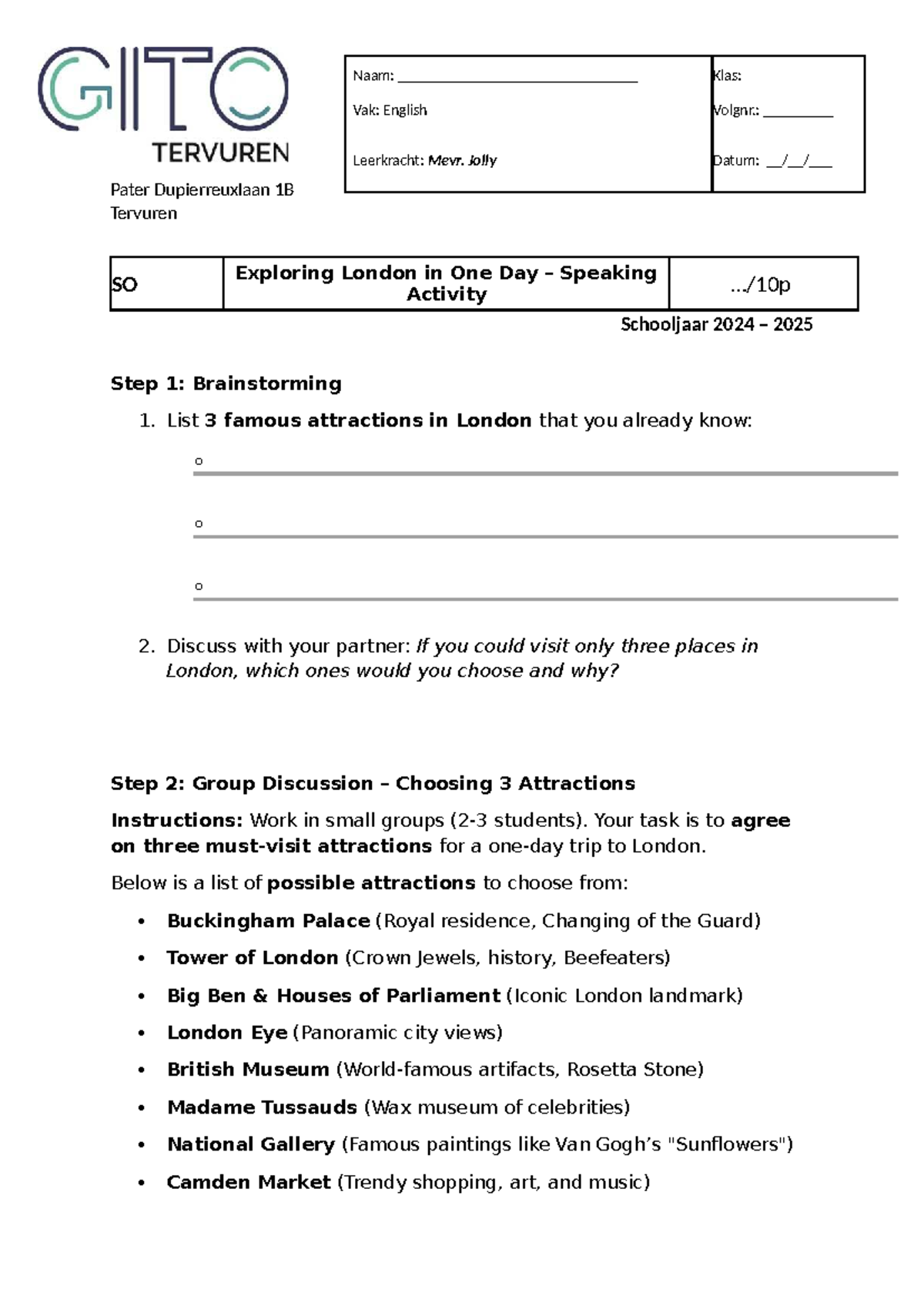 Exploring London in One Day – Speaking Activity SO 2024-2025 - Studocu