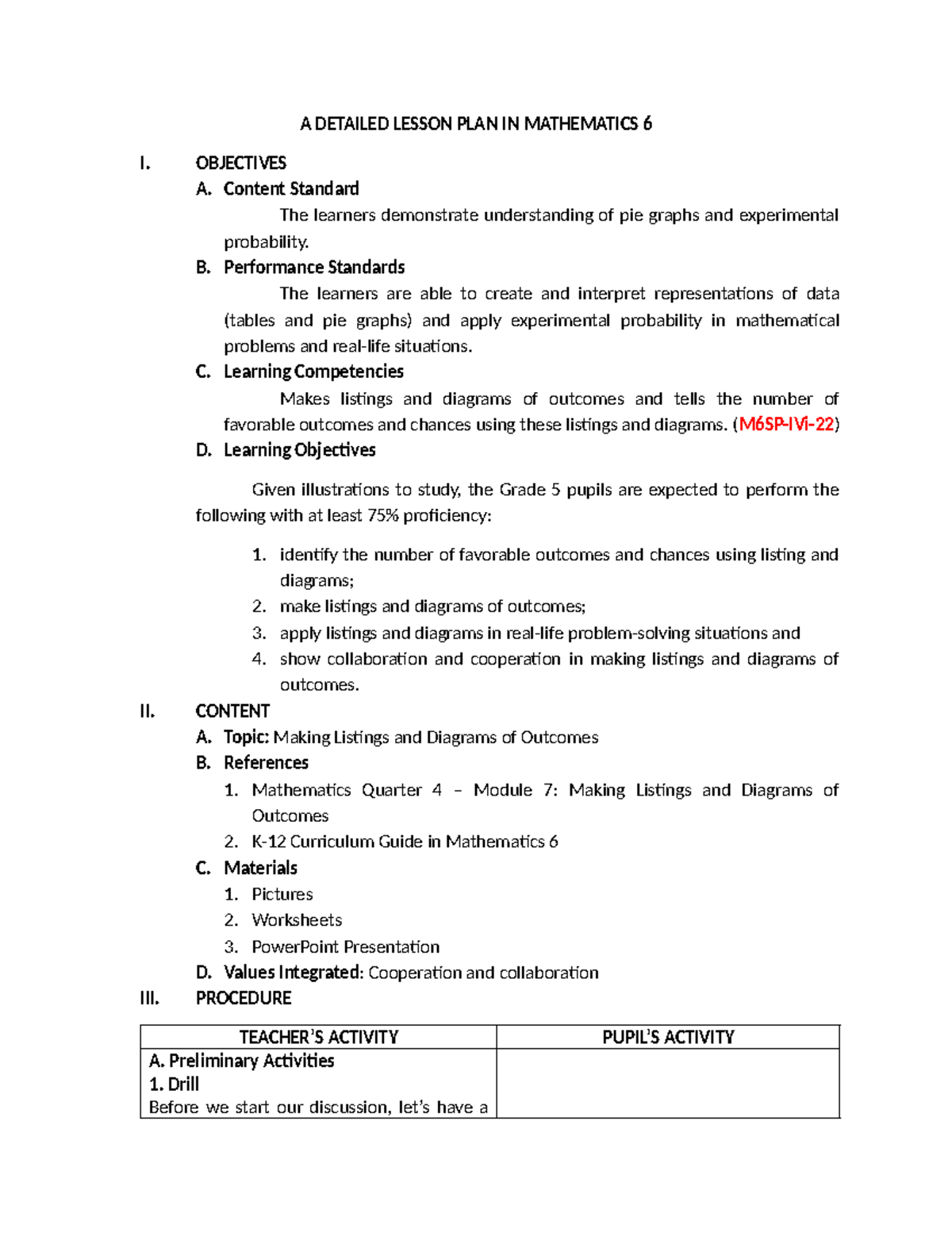 Detailed Lesson Plan in Mathematics 6: Outcomes & Probability Concepts ...