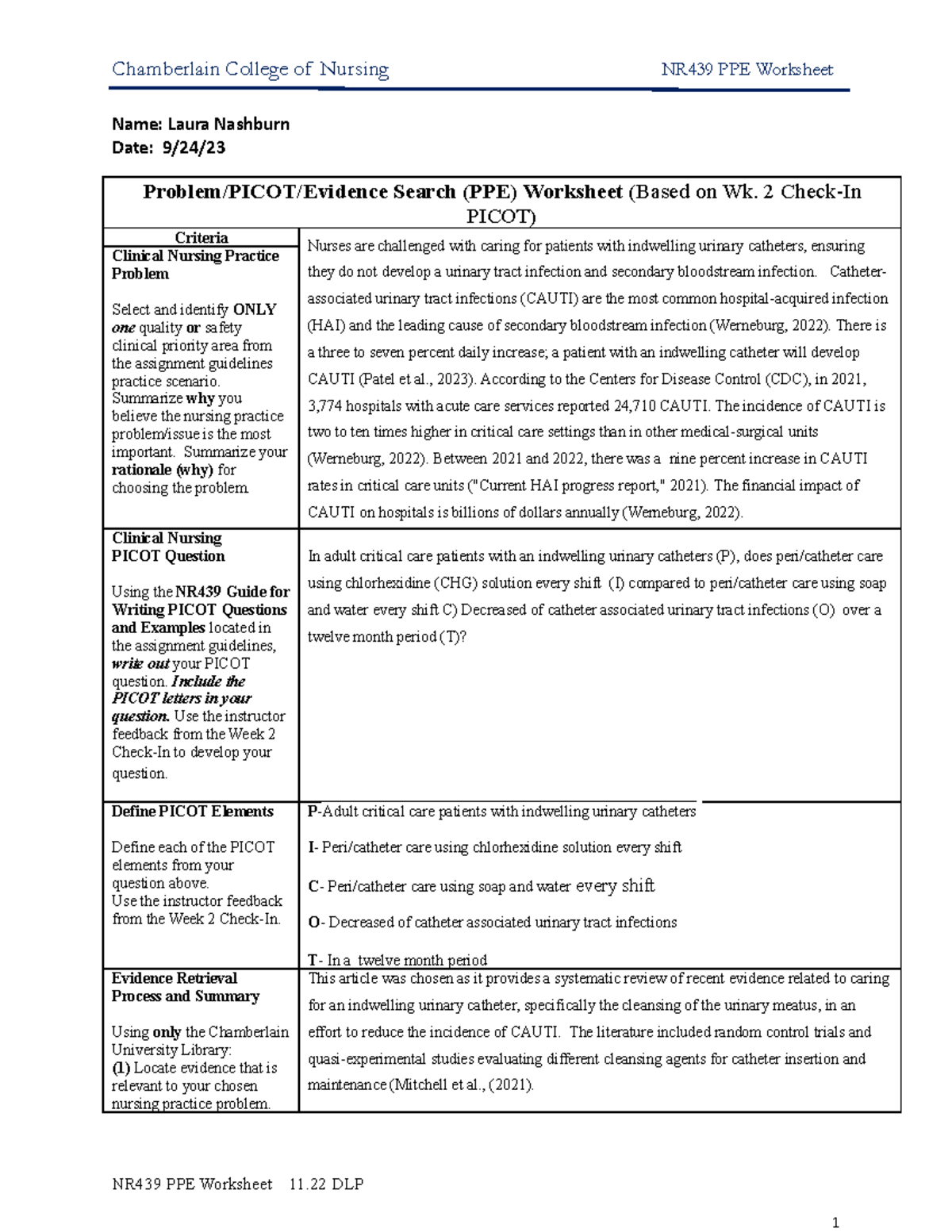 NR439 PICOT Worksheet on Catheter-Associated Urinary Tract Infections ...