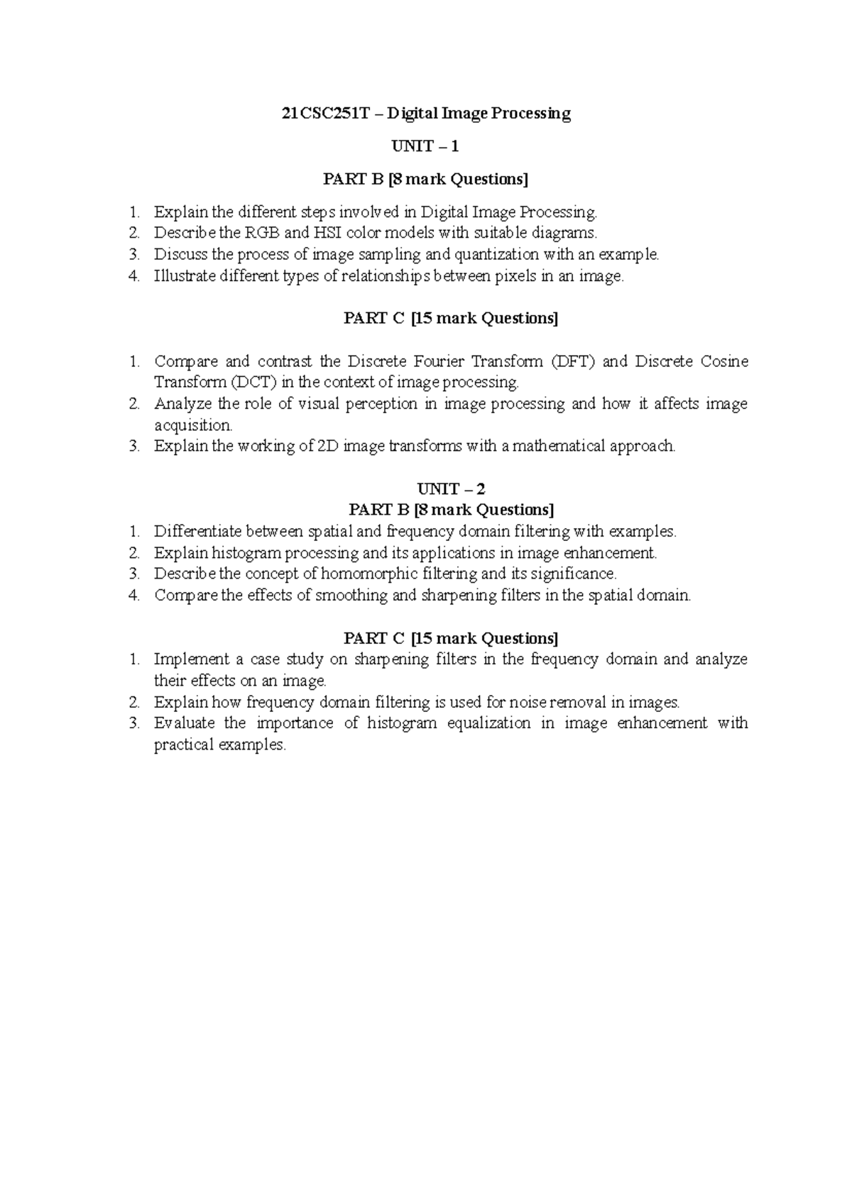 21CSC251T Digital Image Processing: Unit 1 & 2 Overview - Studocu