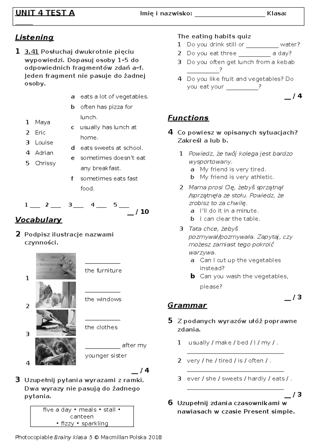 Brainy KL5 Unit Test 4A: Listening, Vocabulary, Grammar & Writing - Studocu