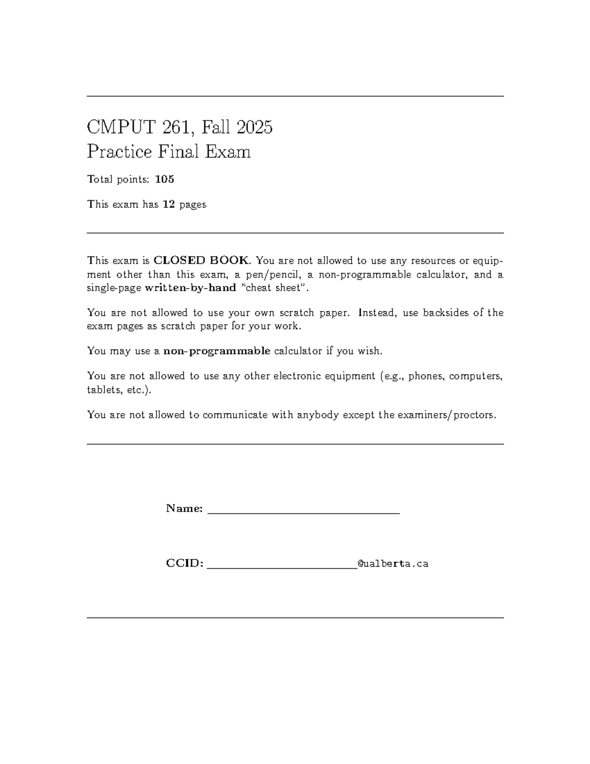 CMPUT 261 Fall 2025 Practice Final Exam Review Guide - Studocu