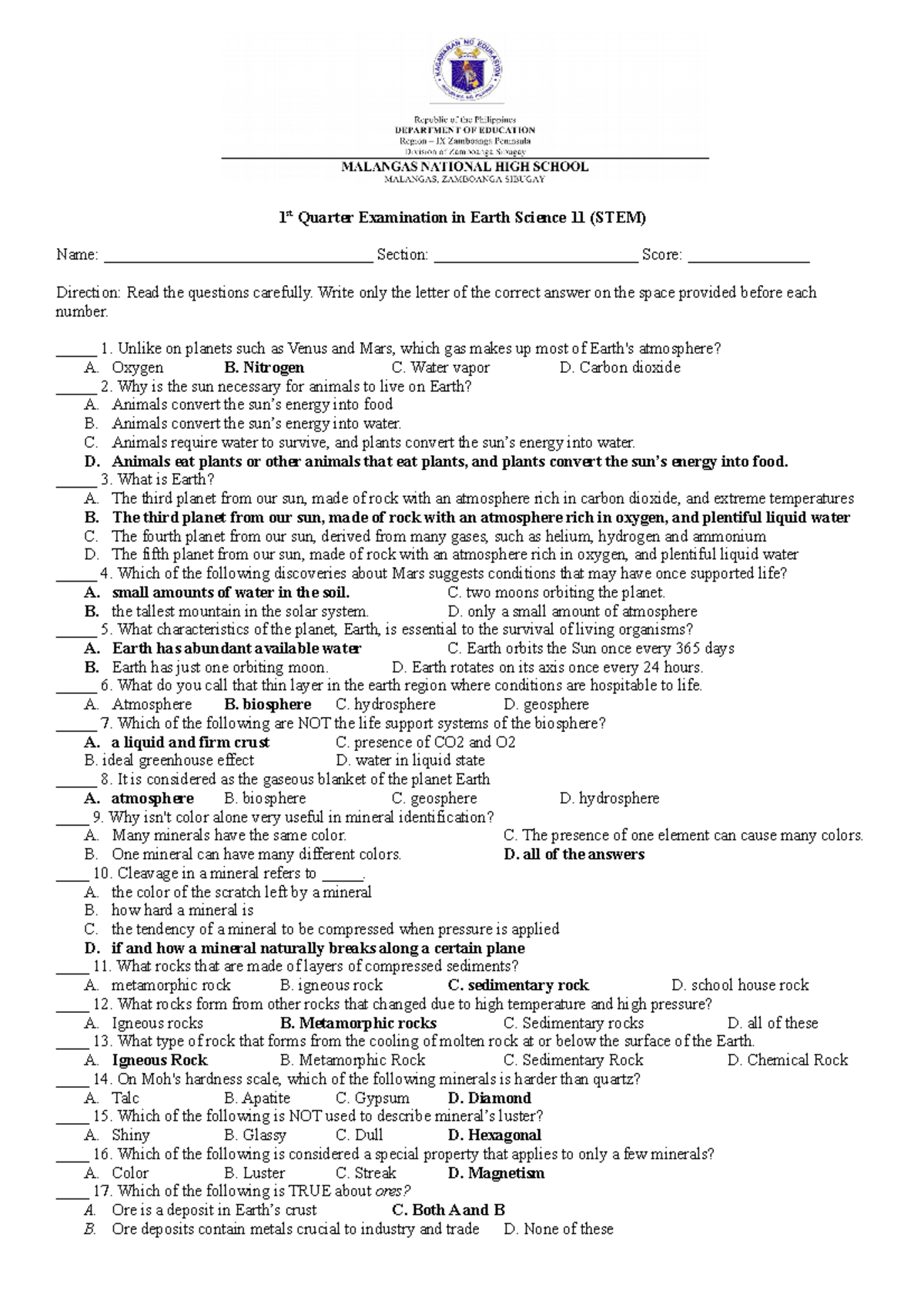 1st Quarter Earth Science 11 Exam (STEM) with Answer Key - Studocu