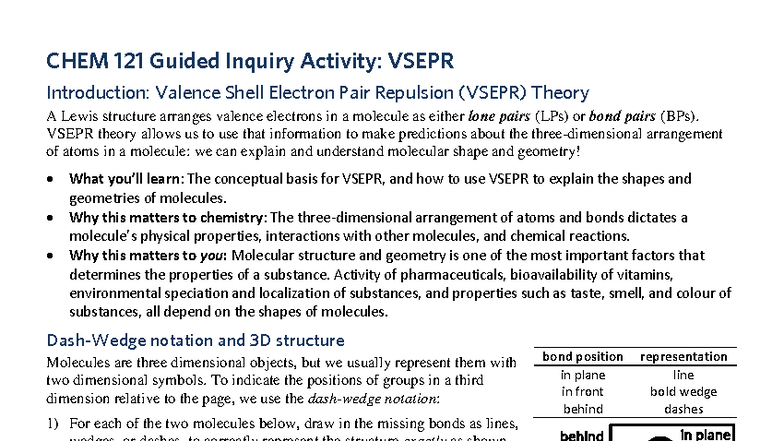 CHEM 121 Guided Inquiry Activity: VSEPR Theory and Molecular Geometry ...