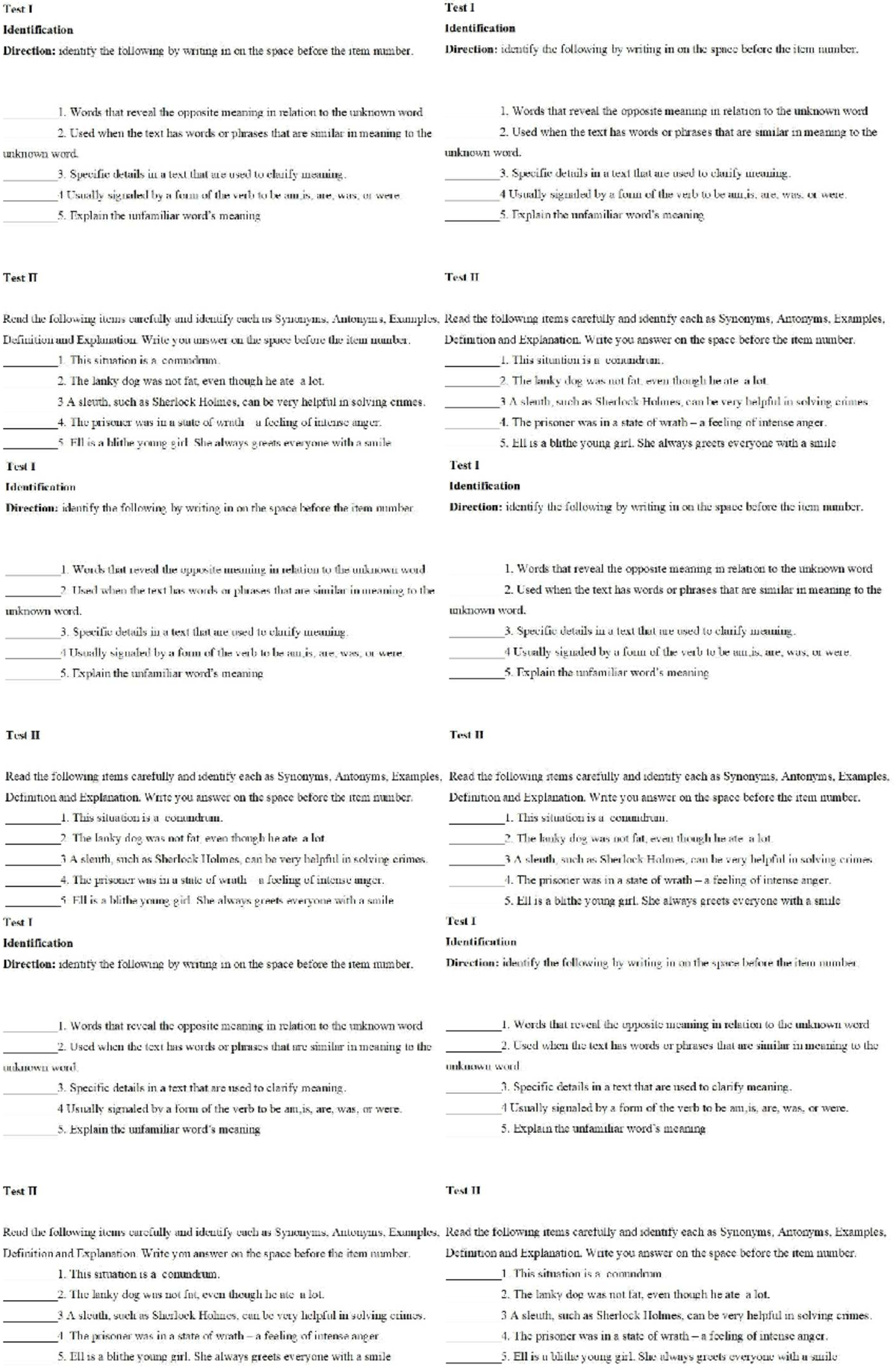 ENG101 Test I: Identification of Synonyms, Antonyms, and Definitions ...