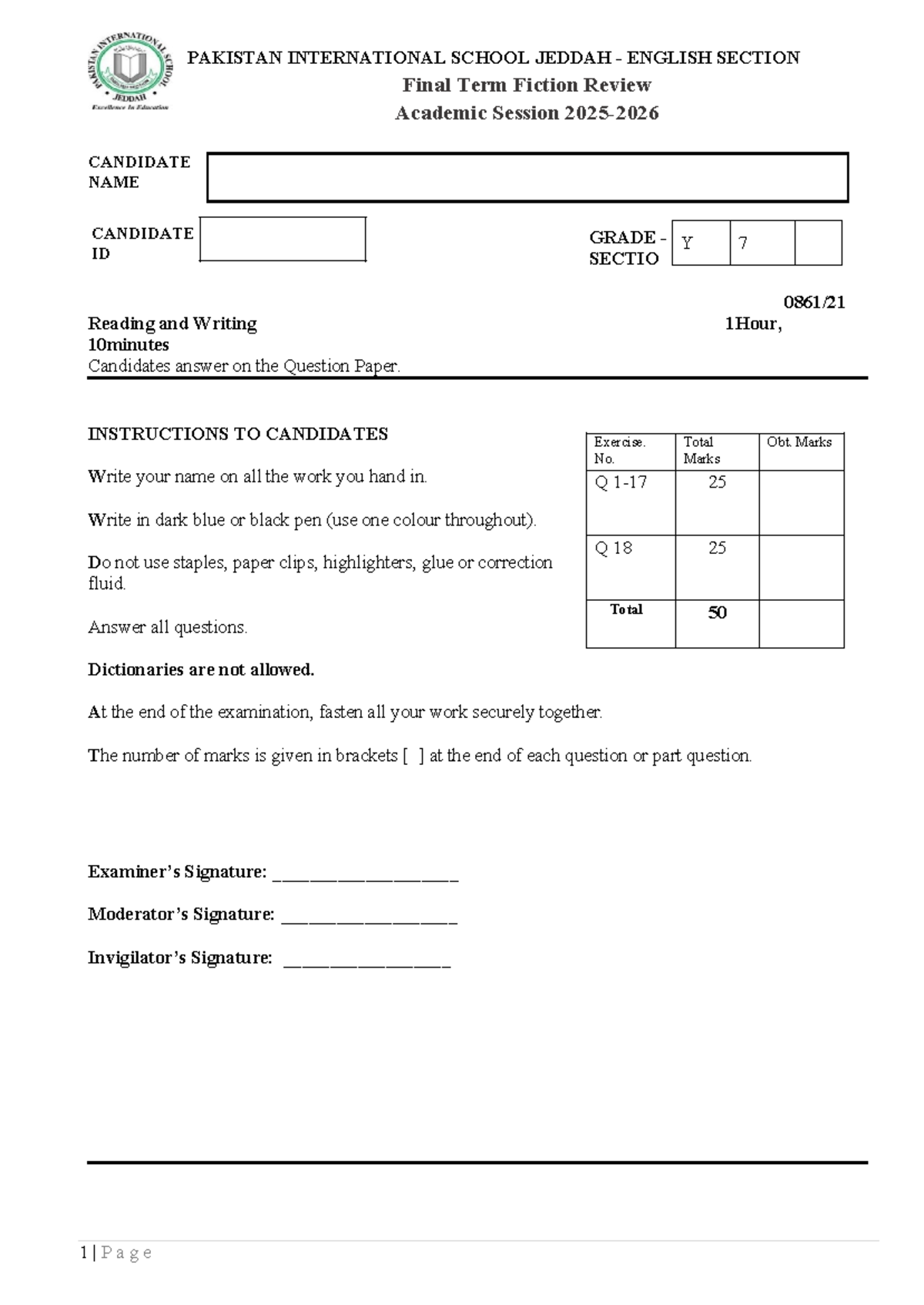 Final Term Fiction Exam Review - PAKISTAN INTERNATIONAL SCHOOL JEDDAH ...