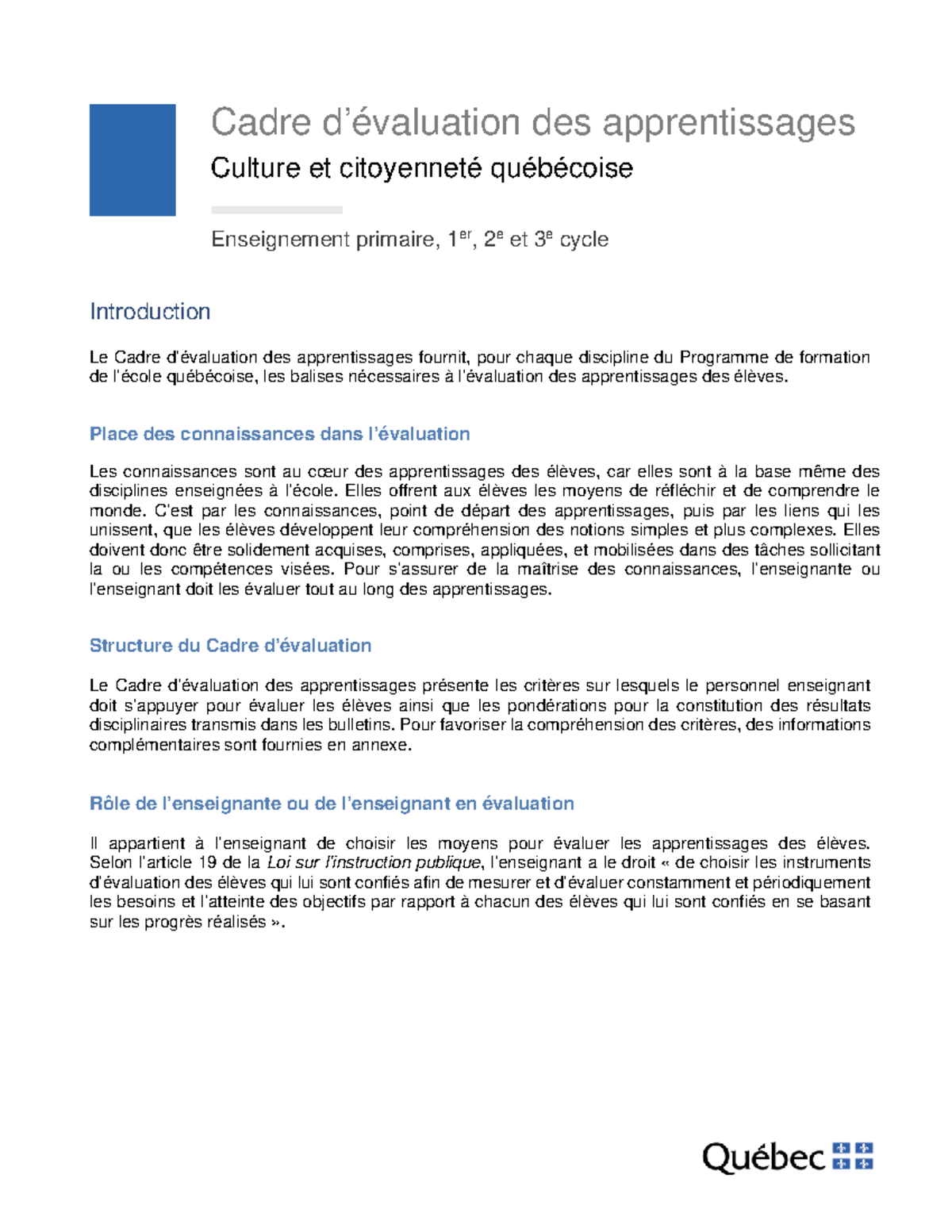 CCQ CE PFEQ - Cadre d’Évaluation des Apprentissages en Culture - Studocu