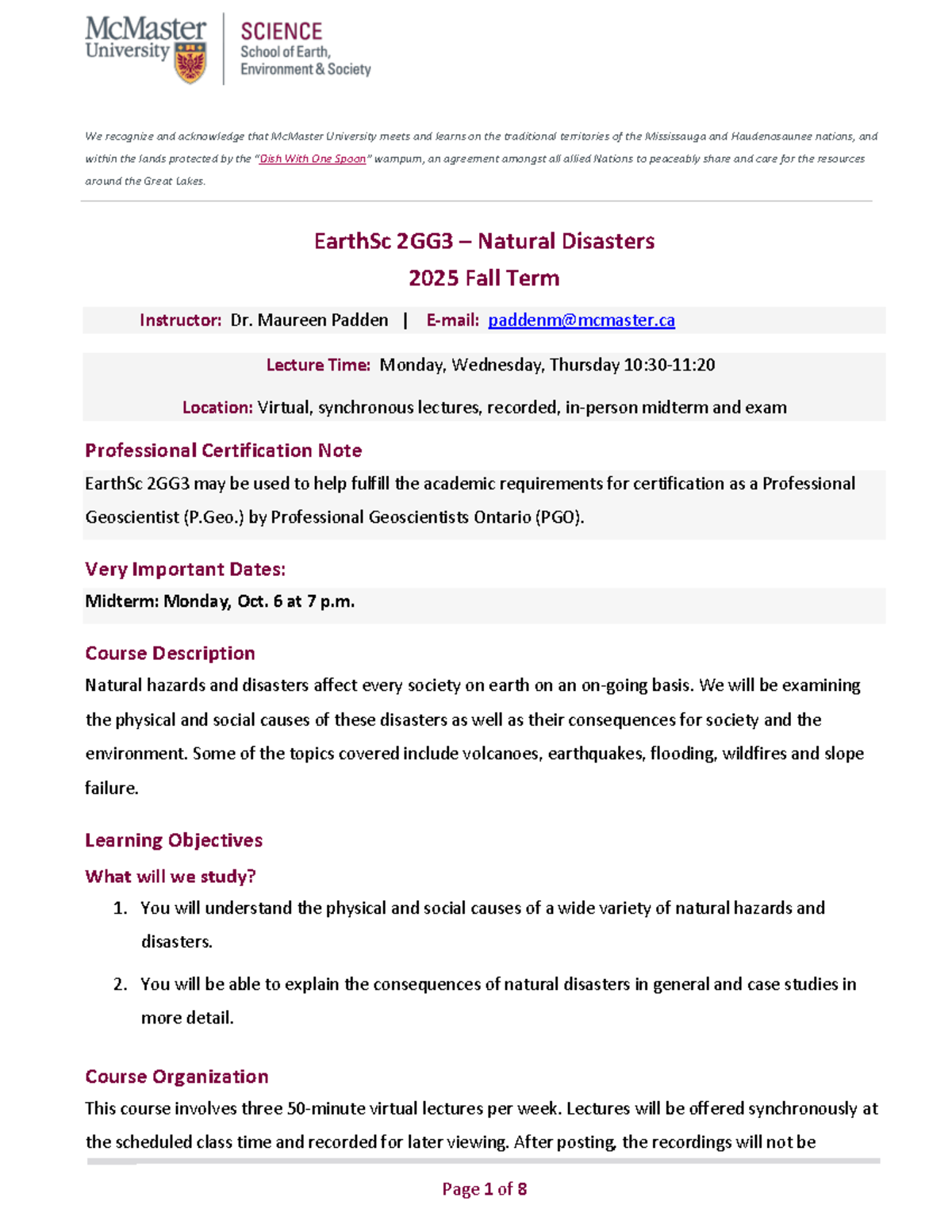 EarthSc 2GG3 Natural Disasters Course Outline - Fall 2025 - Studocu