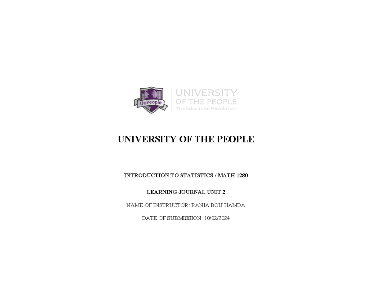 Math 1280 Learning Journal Unit 2 University Of The People Introduction To Statistics Math