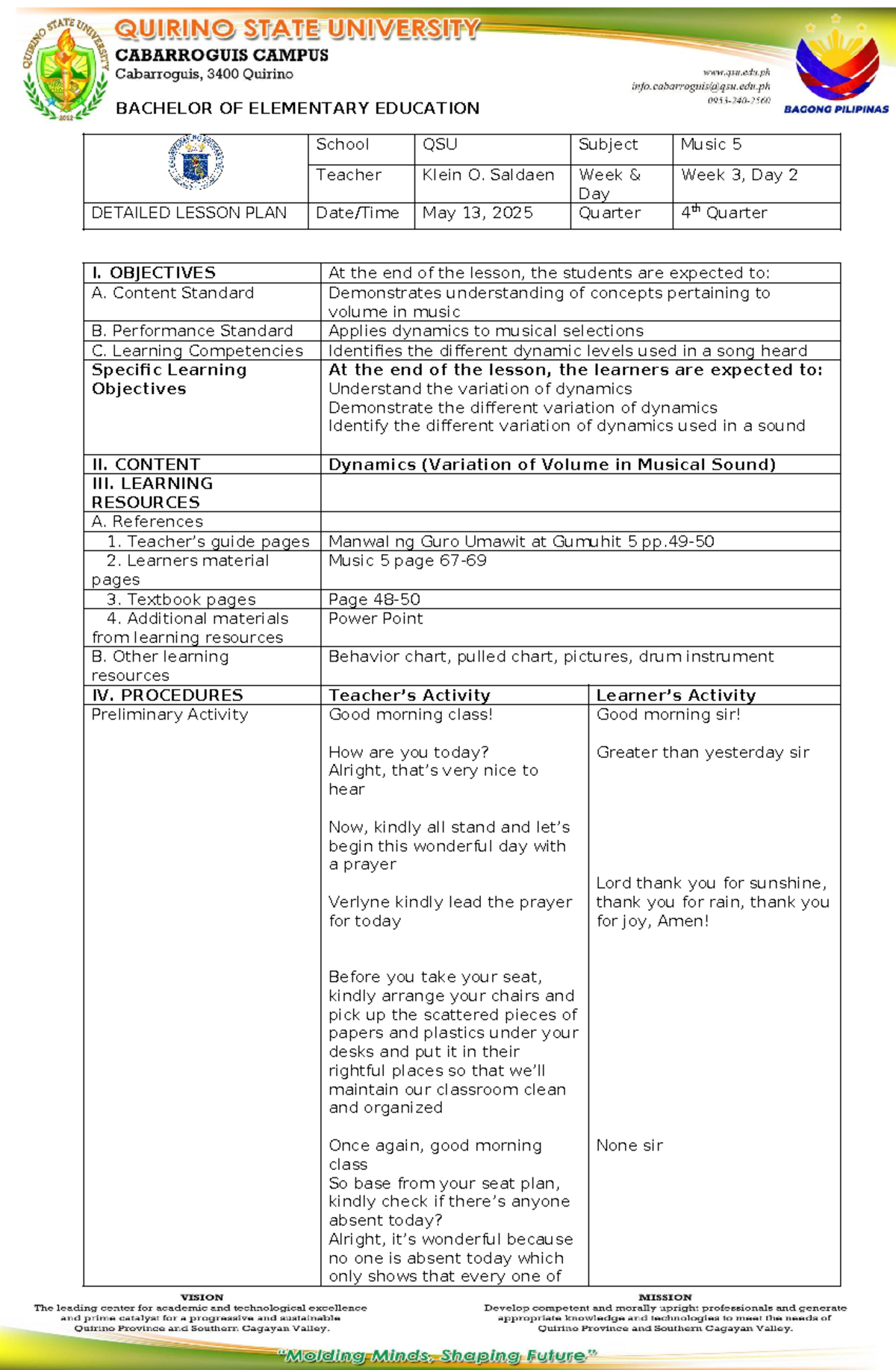 BACHELOR OF ELEMENTARY EDUCATION MUSIC 5 DETAILED LESSON PLAN ON ...