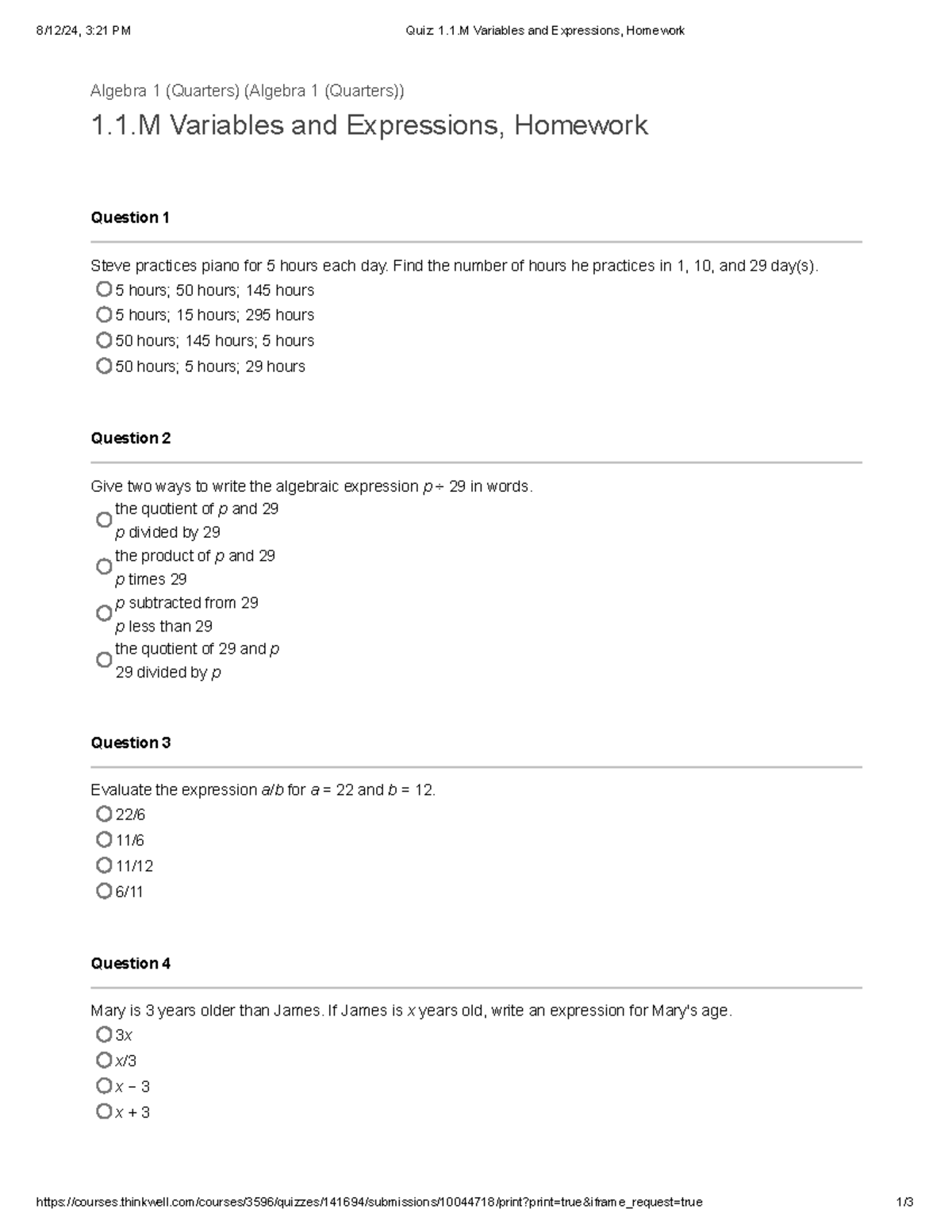Quiz 1.1.M Variables and Expressions, Homework - Algebra 1 (Quarters ...