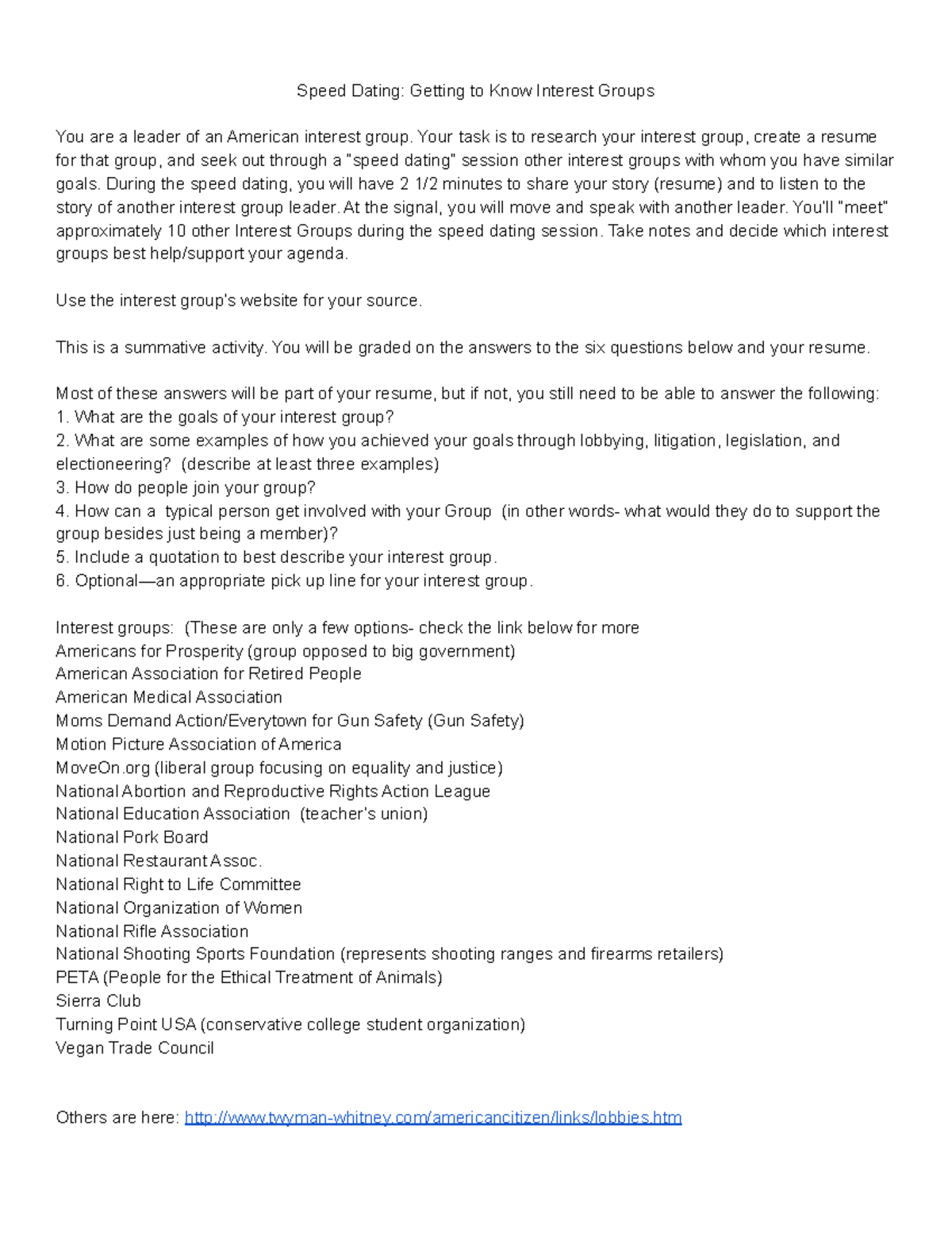 Interest Group Networking Activity: Speed Dating Overview - Studocu