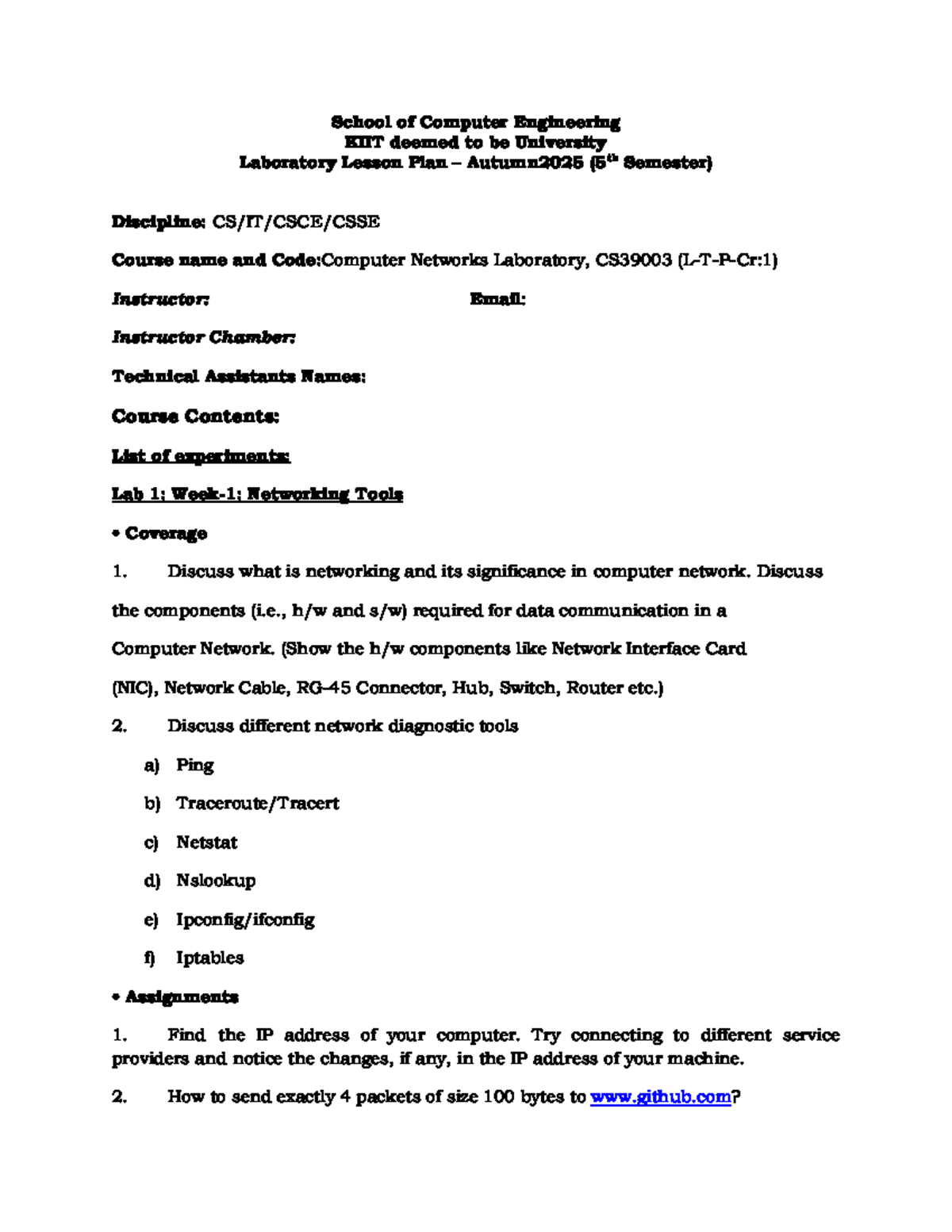 CN Lab Lesson Plan 2025: Computer Networks Laboratory, CS39003 - Studocu
