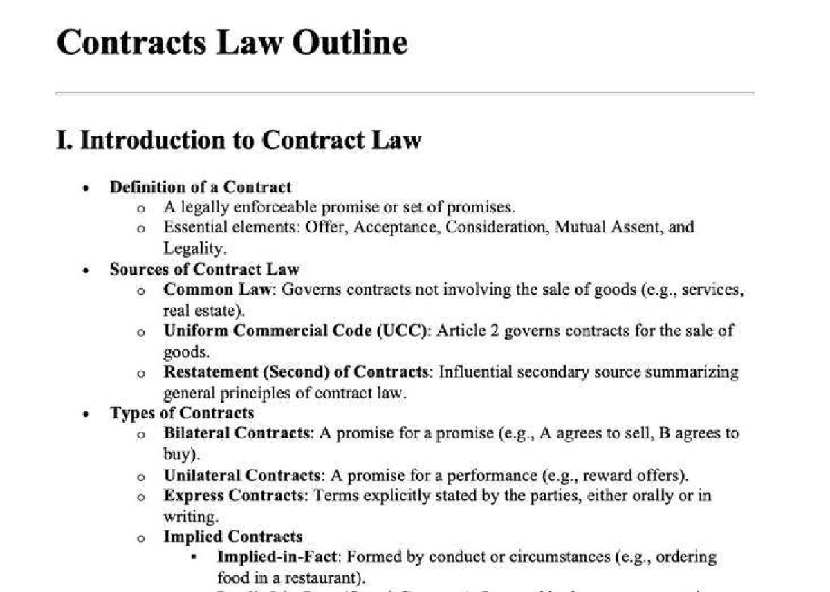 Contracts Law Outline: Key Concepts and Types of Contracts - Studocu