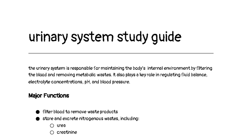 Urinary System Study Guide for Anatomy and Physiology (AP 101) - Studocu