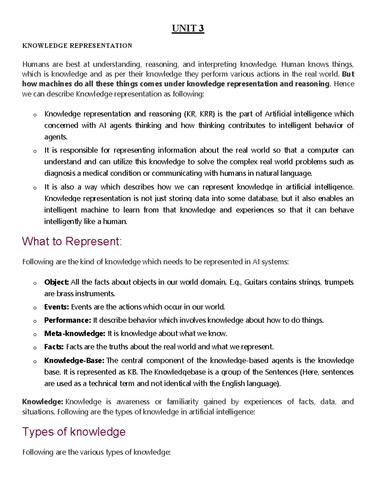 UNIT 3 - Knowledge Representation and Reasoning in AI - Studocu