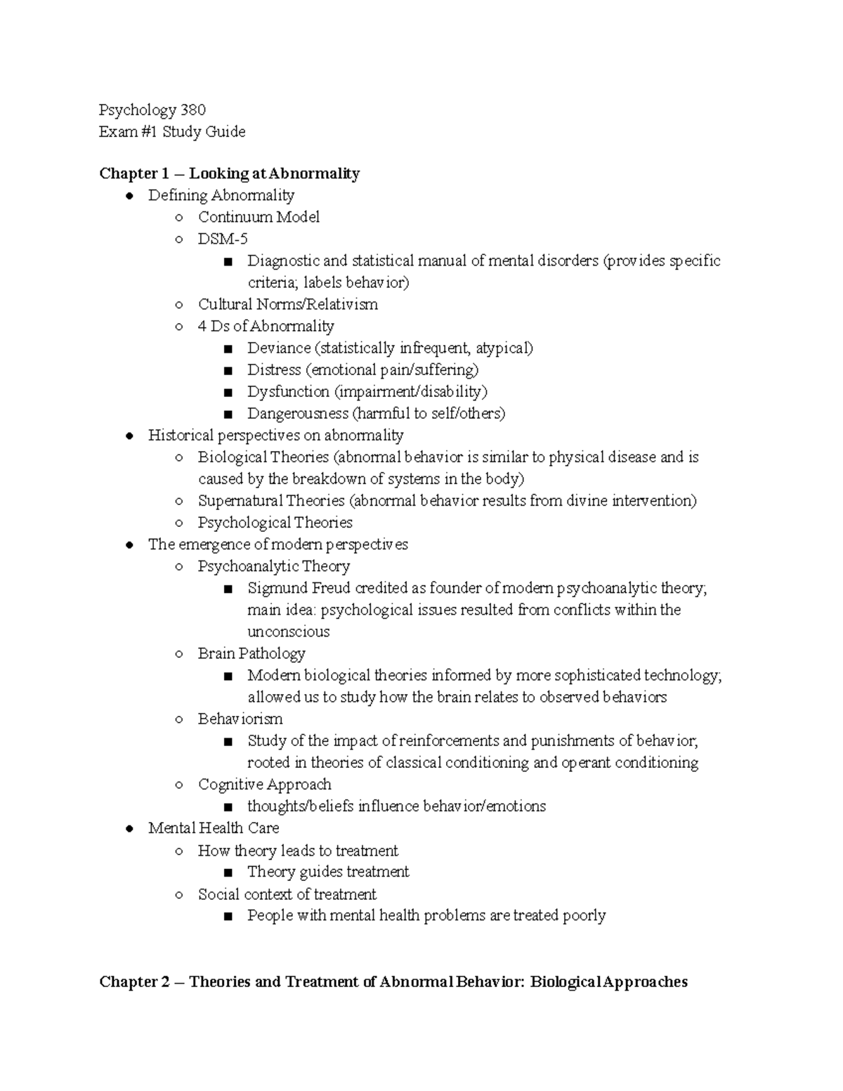 Abnormal Psychology-Exam 1 Study Guide - Psychology 380 Exam Study ...