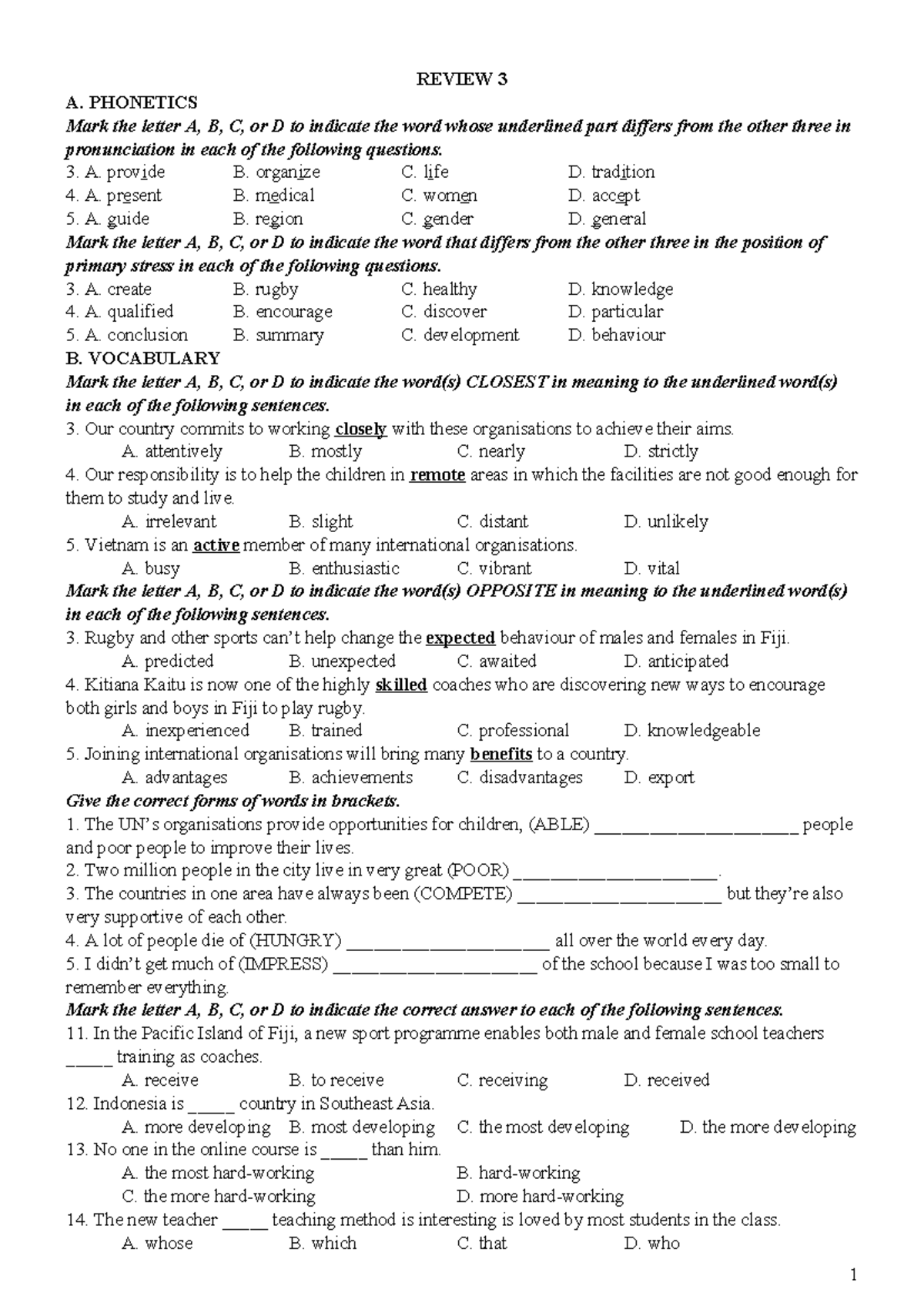 REVIEW 3: PHONETICS, VOCABULARY, GRAMMAR & SPEAKING - ENG 10 - Studocu