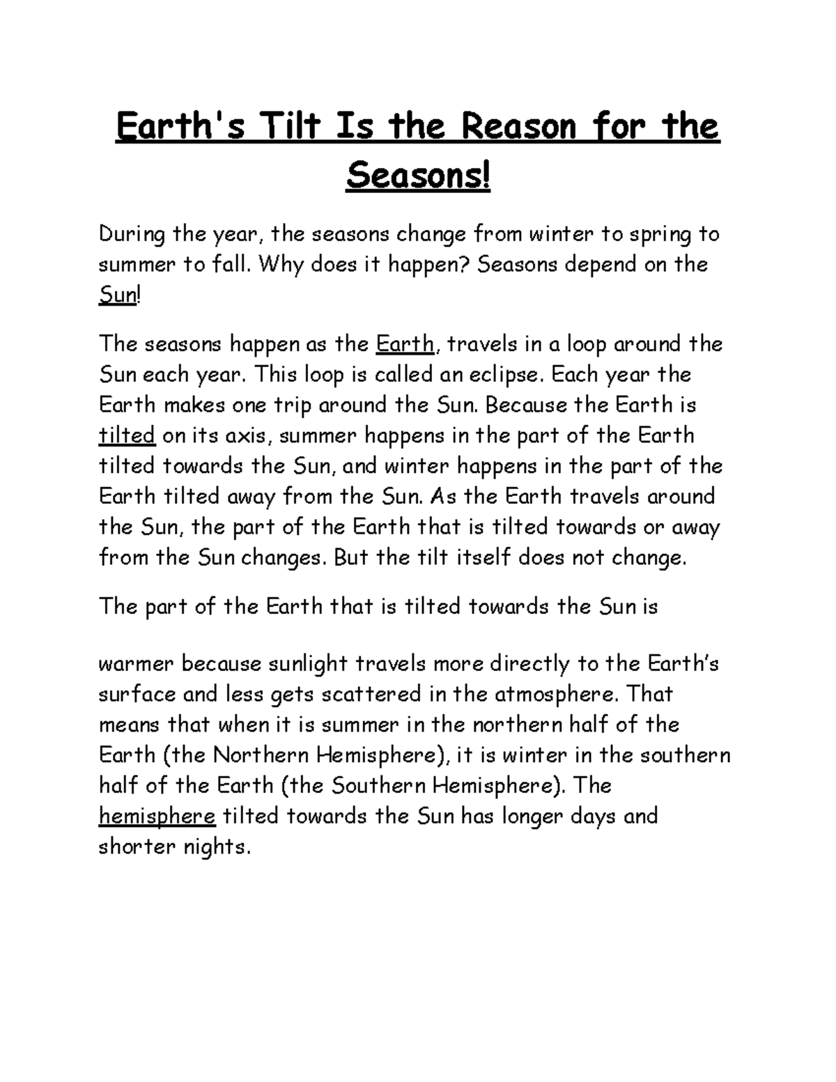 Copy of Science Extra Credit Explain Seasons - Earth's Tilt Is the ...