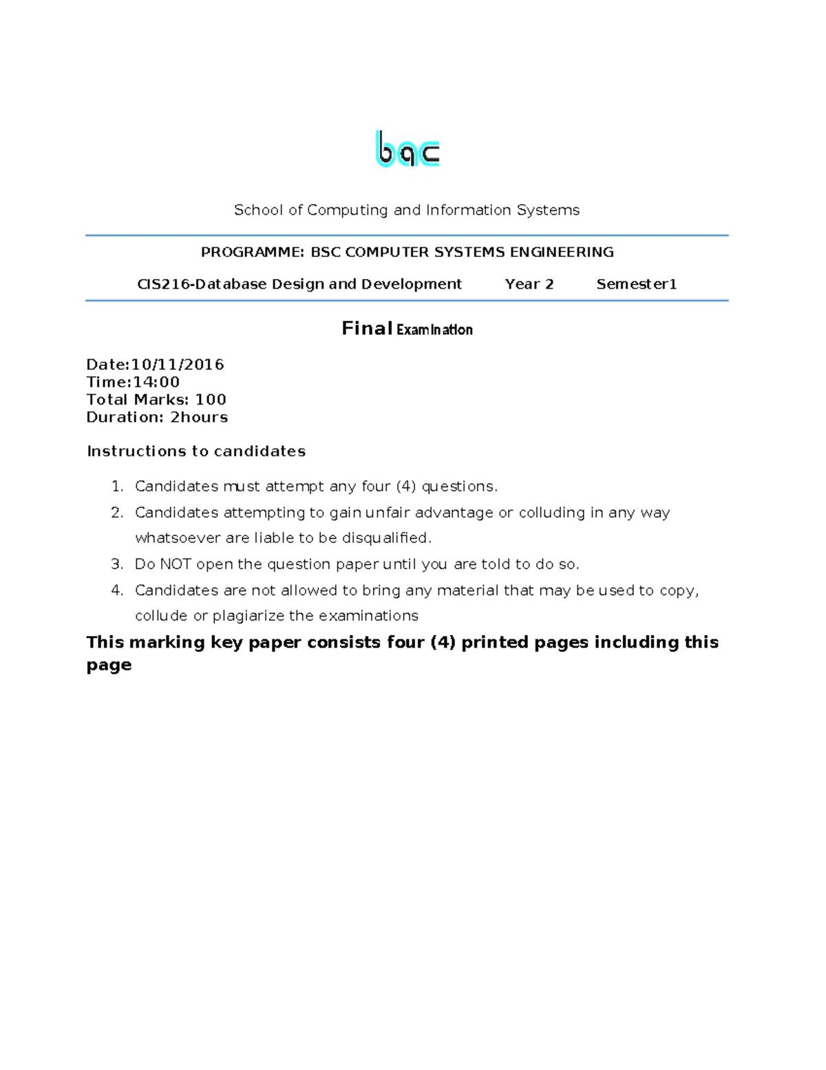BSC CSE Year 2 Sem 1 Final Exam - DDD December 2016 Question Paper - Studocu