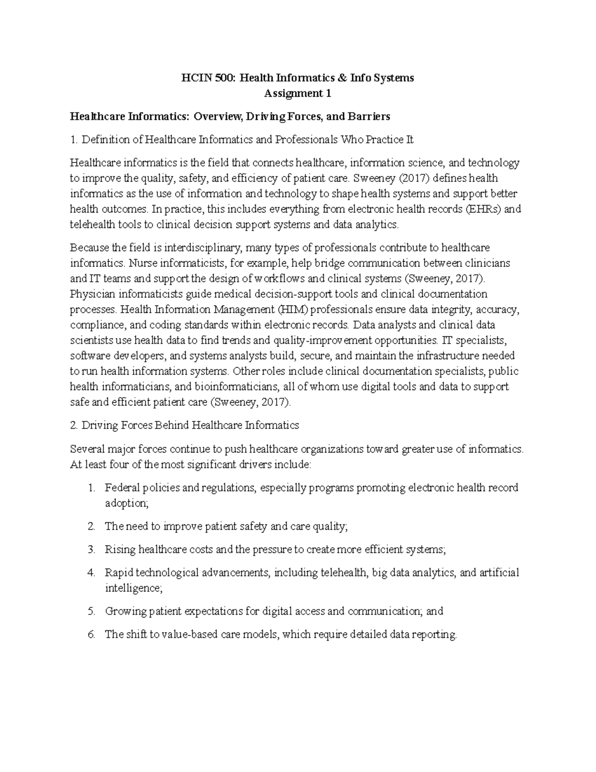 HCIN 500: Assignment 1 - Overview of Healthcare Informatics and Its ...