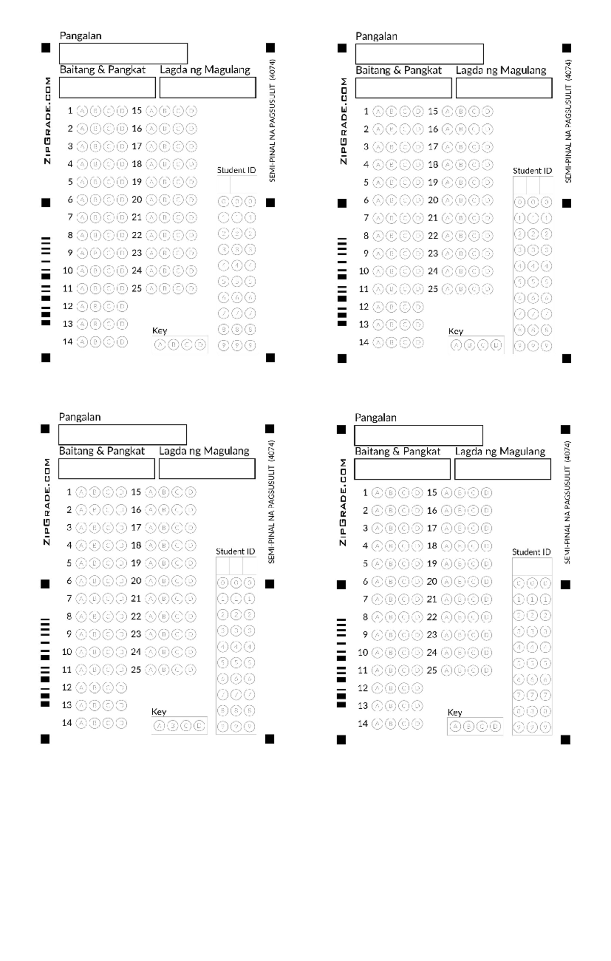 Zipgrade answer sheet semi-final - Pangalan Pangalan Baitang & Pangkat Lagda ng Magulang Baitang ...