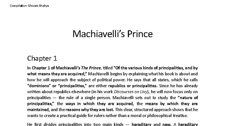 Machiavelli's Prince: Chapter Summaries and Analysis - Studocu