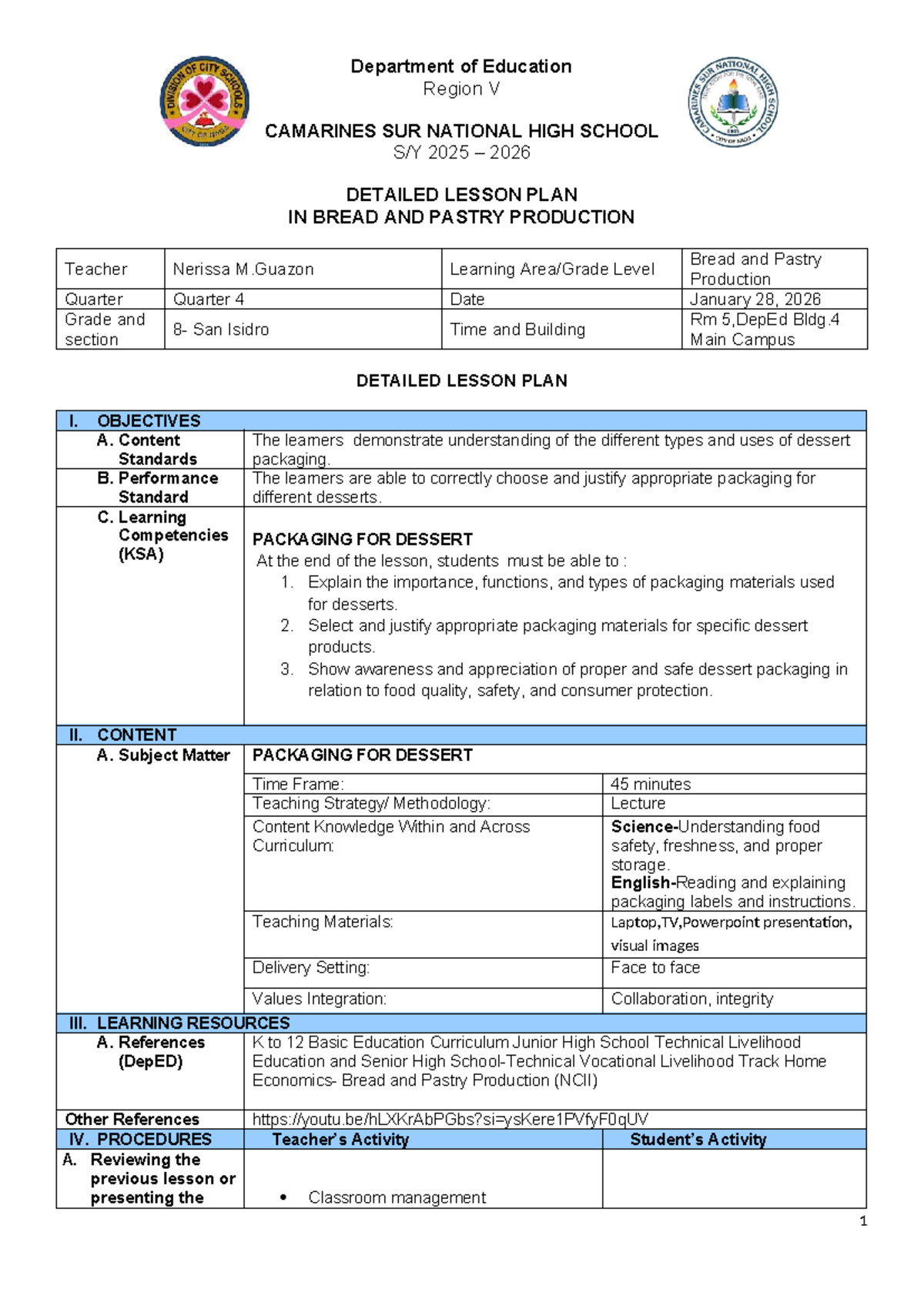 Detailed Lesson Plan in Bread and Pastry Production (2025-2026) - Studocu