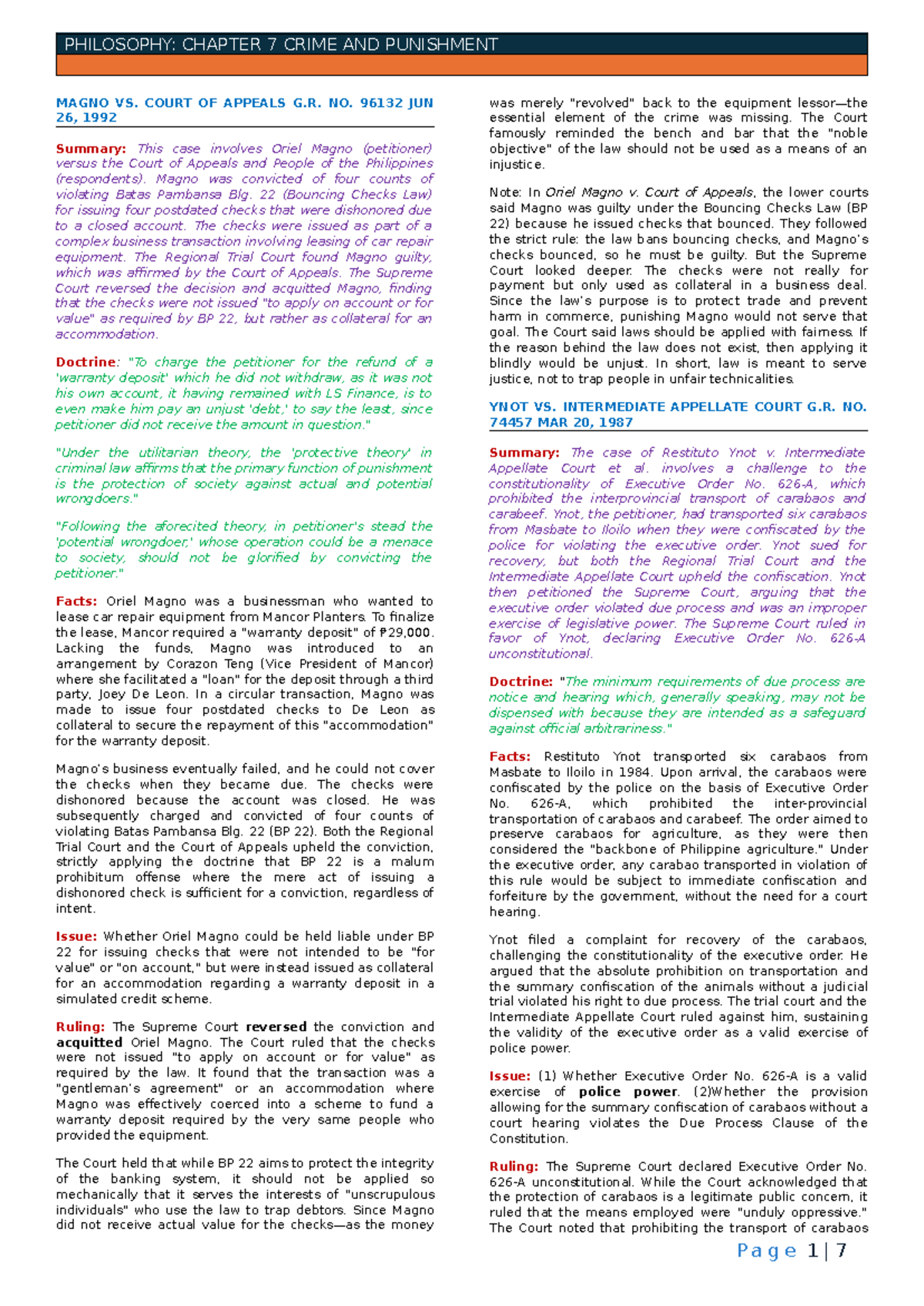 PHILOSOPHY: CHAPTER 7 CRIME AND PUNISHMENT CASE SUMMARIES AND ANALYSES ...