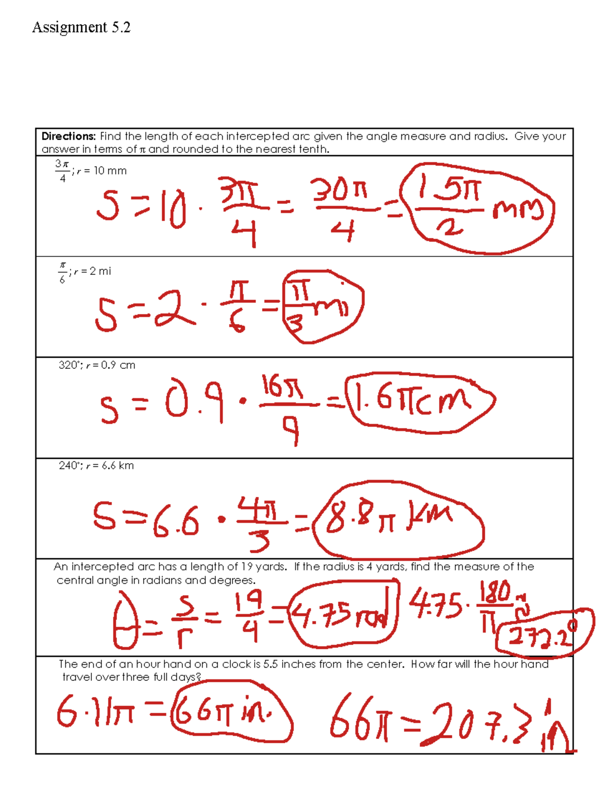 Pre-Calc Assignment 5.2: Arc Length & Central Angle Calculations - Studocu