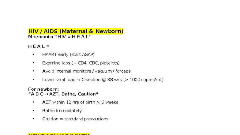 HIV AIDS & Newborn Protection Mnemonics - Med Surg 3 - Studocu