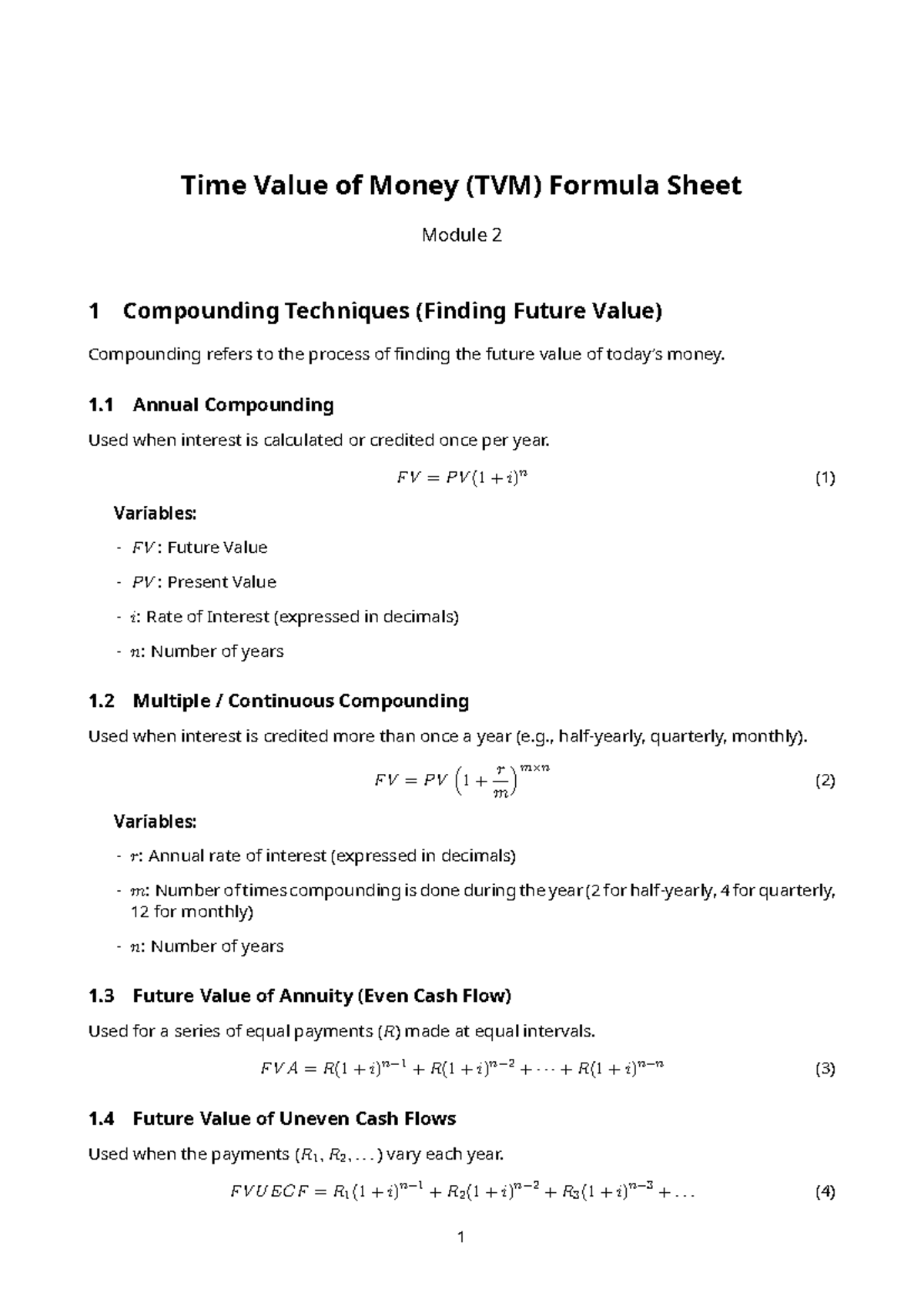 TVM Formula Sheet Module 2: Compounding Techniques Overview - Studocu