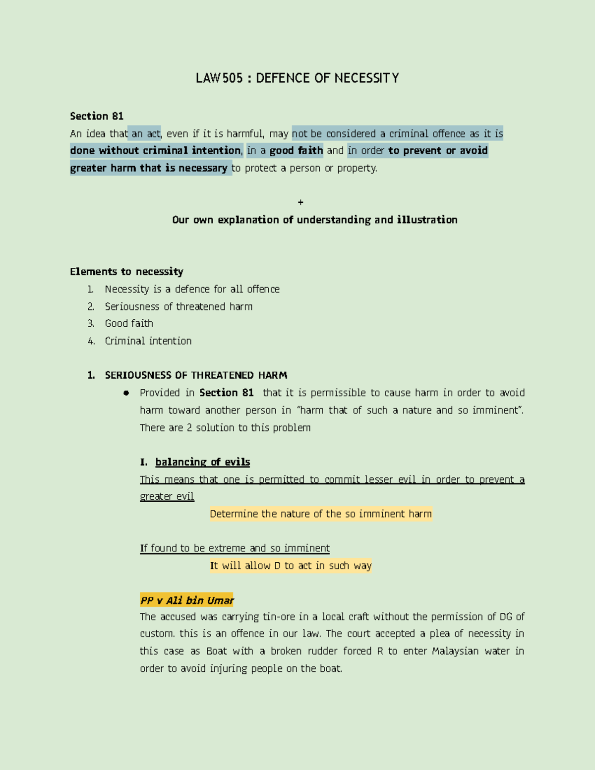 LAW505 Final Exam Study Notes on Defence of Necessity - Studocu