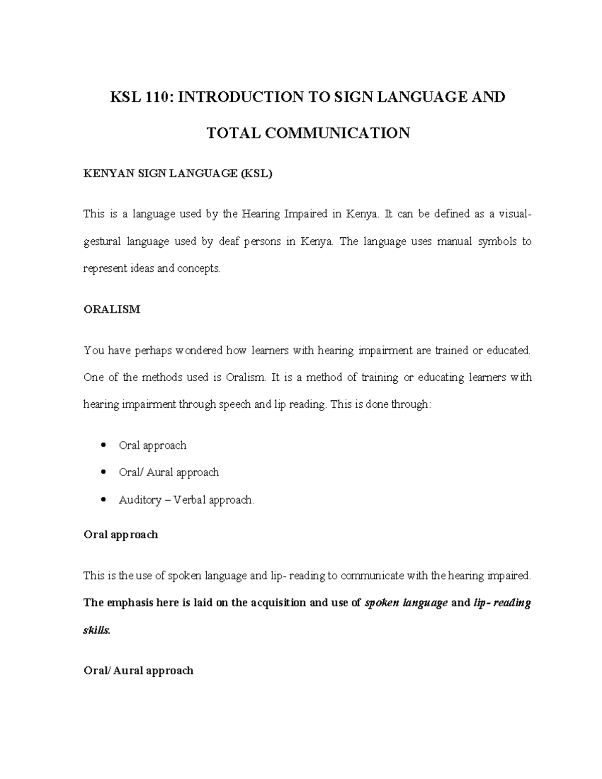 KSL 110 Final Exam Notes - Kenyan Sign Language Overview - Studocu