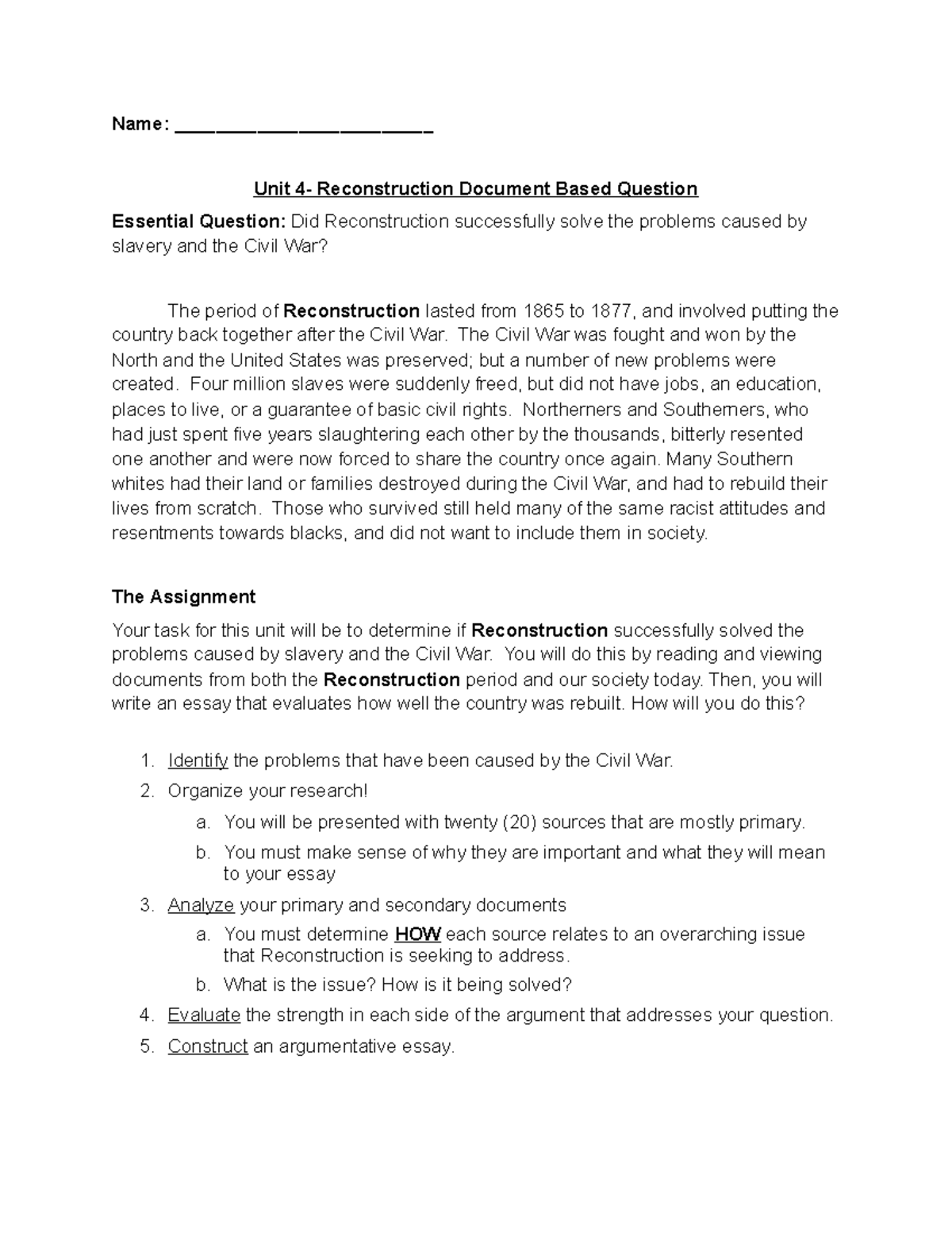 Unit 4 Reconstruction DBQ - Name: _________________________ Unit 4 ...