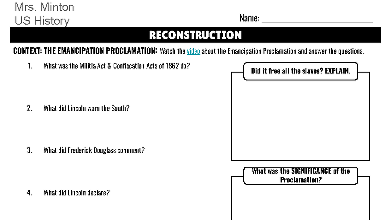 Reconstruction Worksheet: Emancipation Proclamation & Plans (US History ...