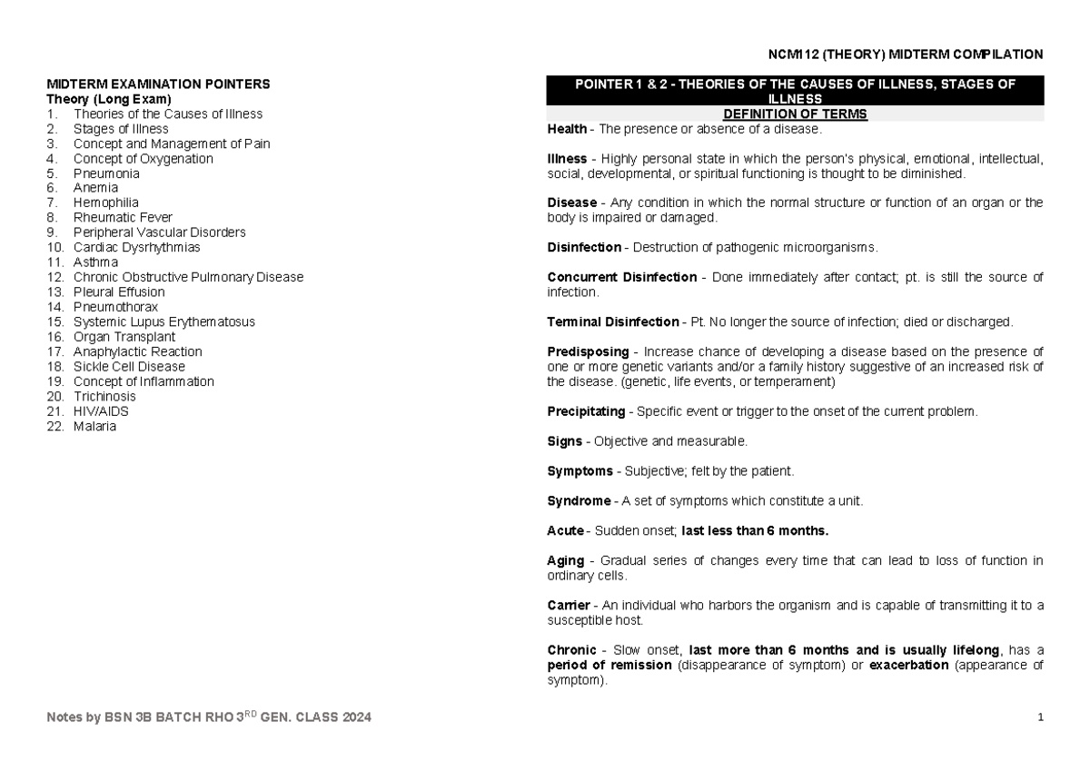 NCM112 (THEORY) MIDTERM EXAMINATION STUDY GUIDE & POINTERS - Studocu