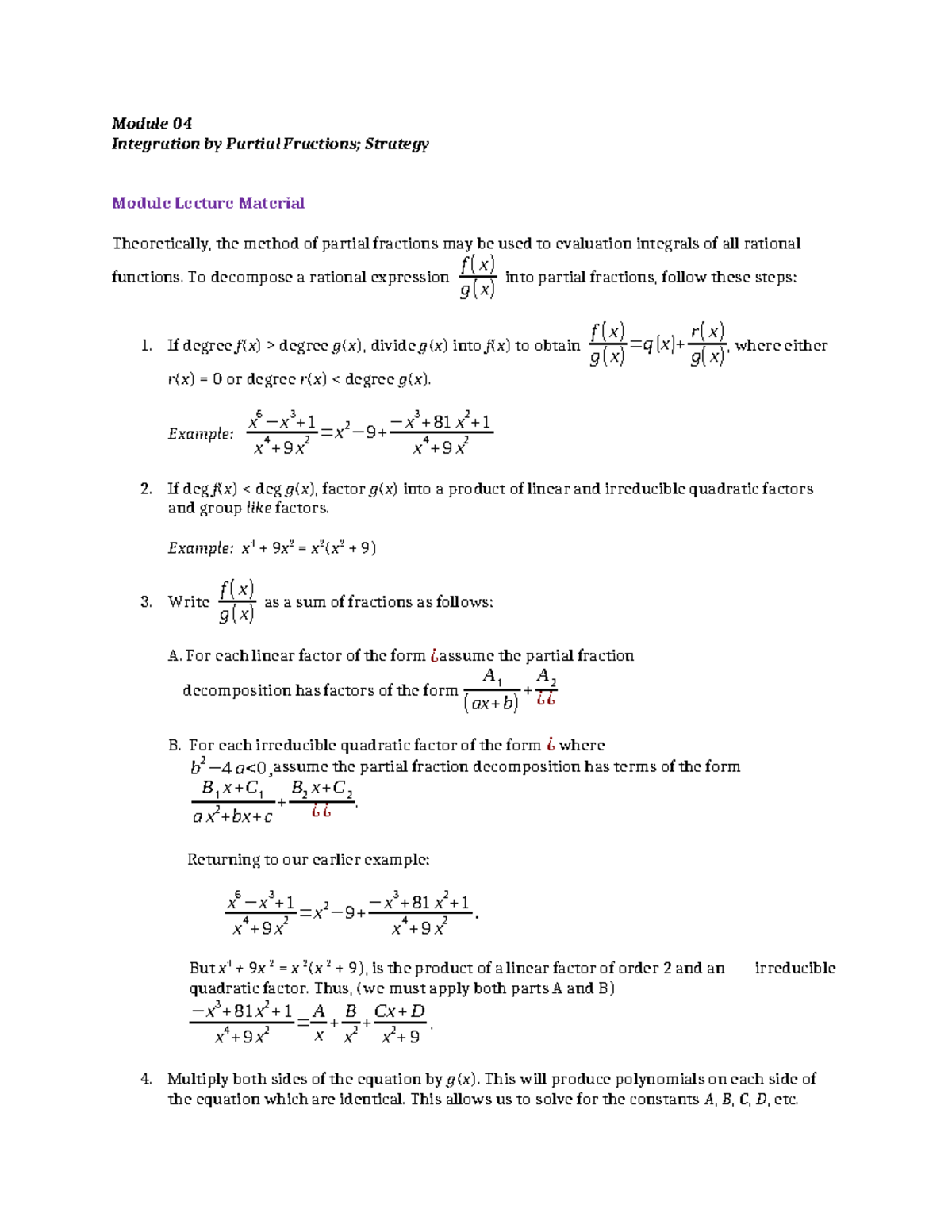 Module 04 Integration: Partial Fractions Lecture Notes - Studocu