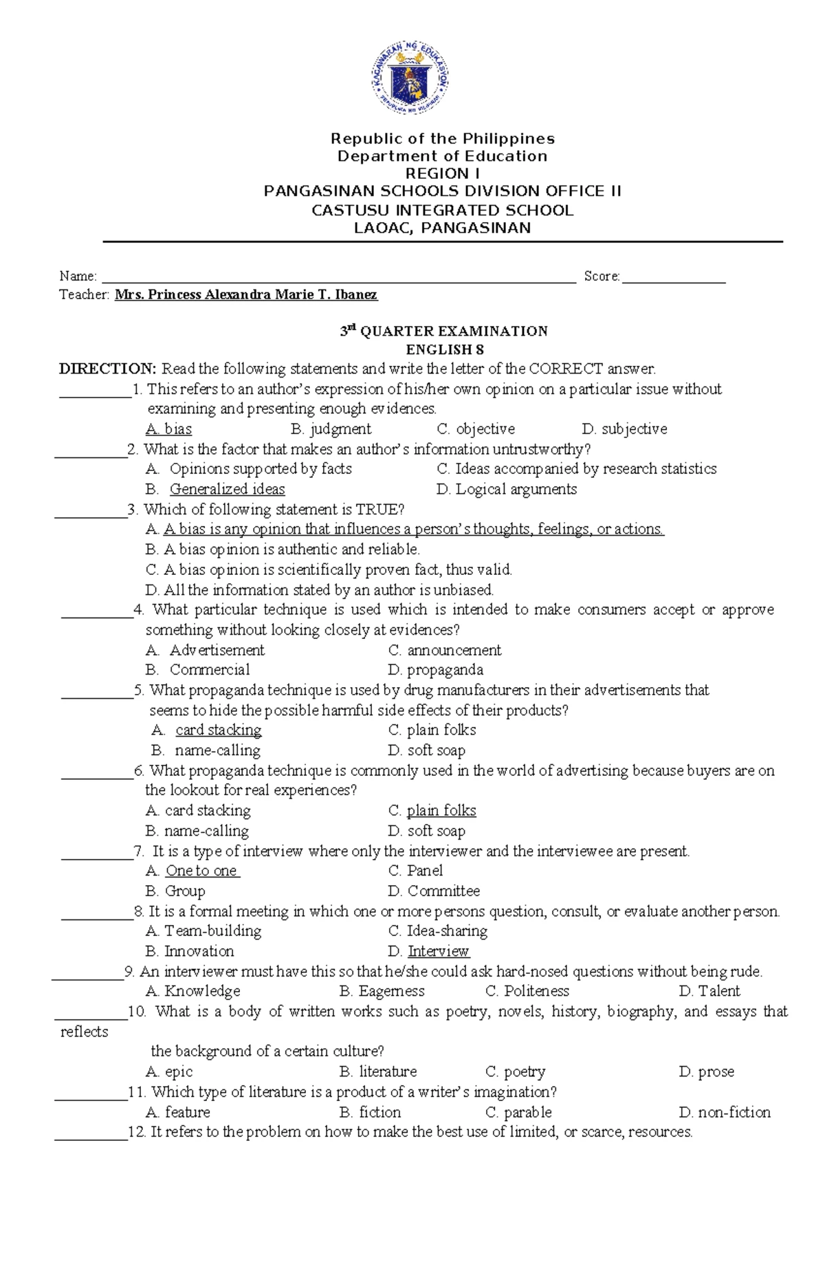 Fil 10 - 1st Quarter Examination Review and Practice Questions - Studocu