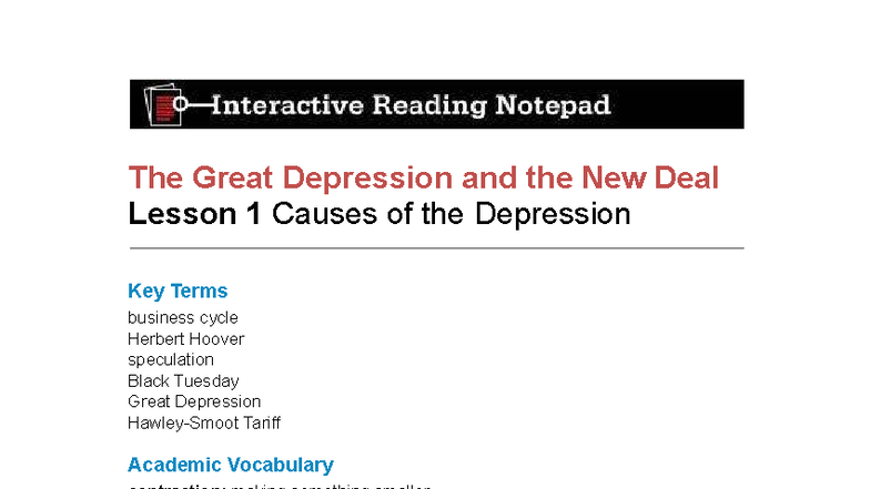 The Great Depression and the New Deal: Lesson 1 Causes and Key Terms ...