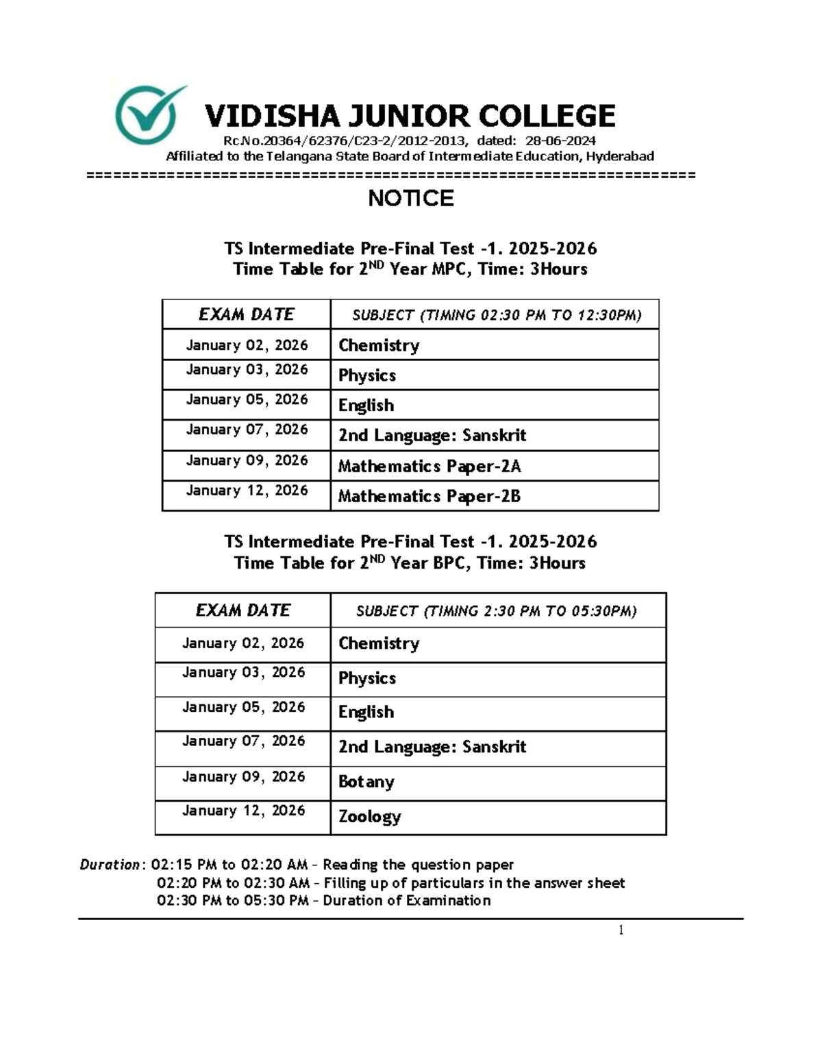 TS Intermediate 2nd Year Exam Time Table for MPC & BPC - Studocu
