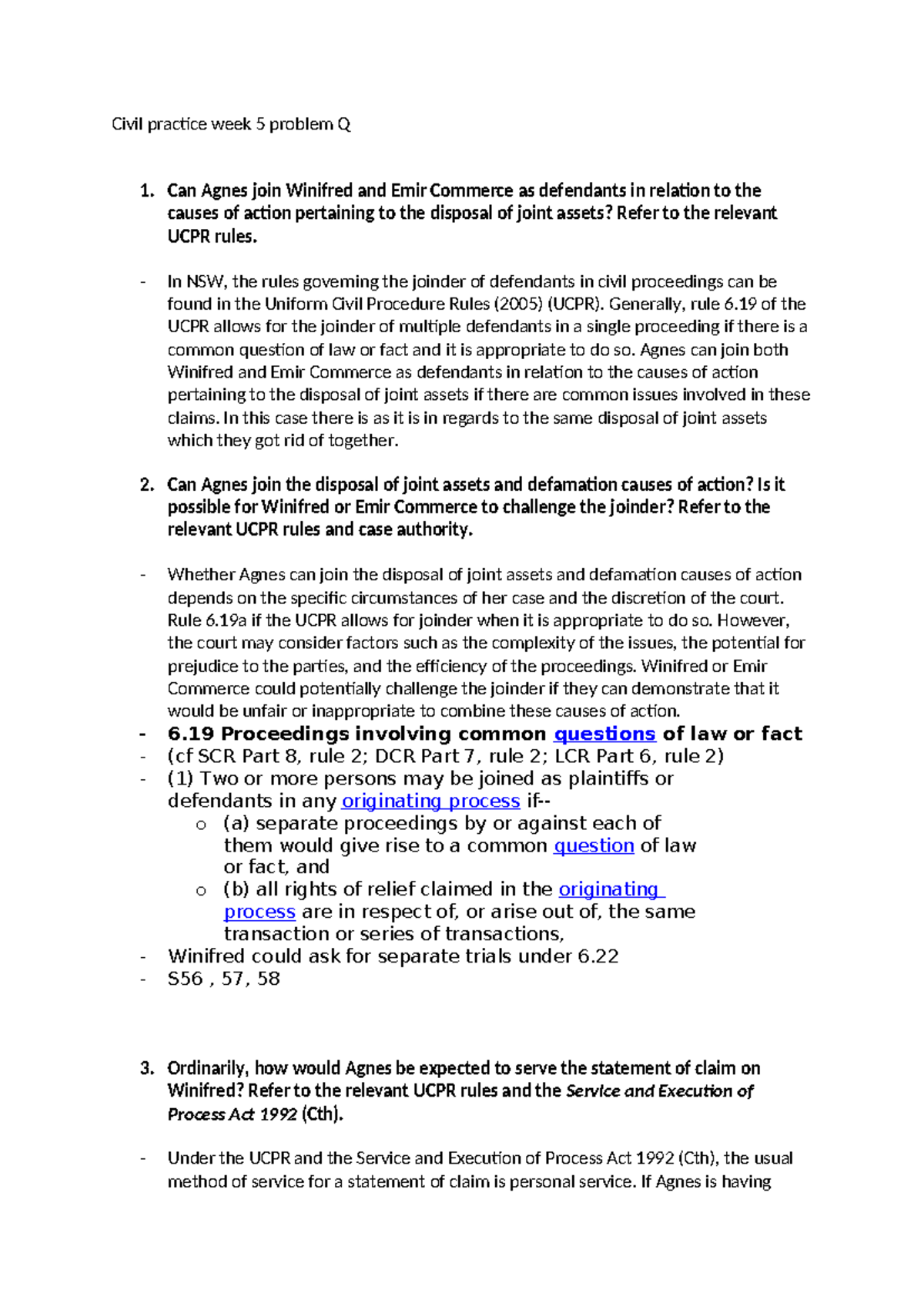 Civil Practice Week 5 Problem Q: Joinder of Defendants & Service Rules ...